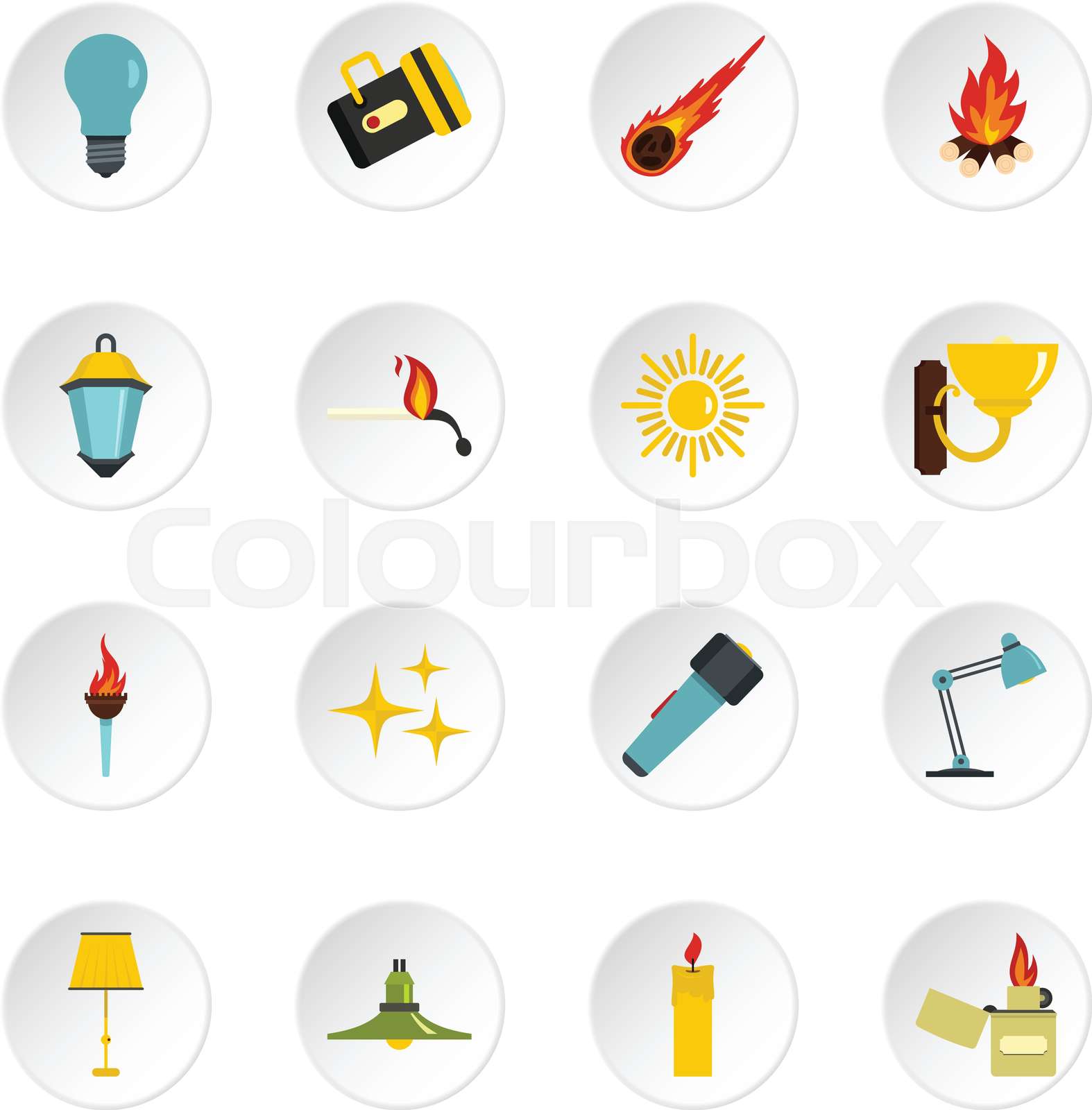 Light source symbols icons set in flat style | Stock vector | Colourbox