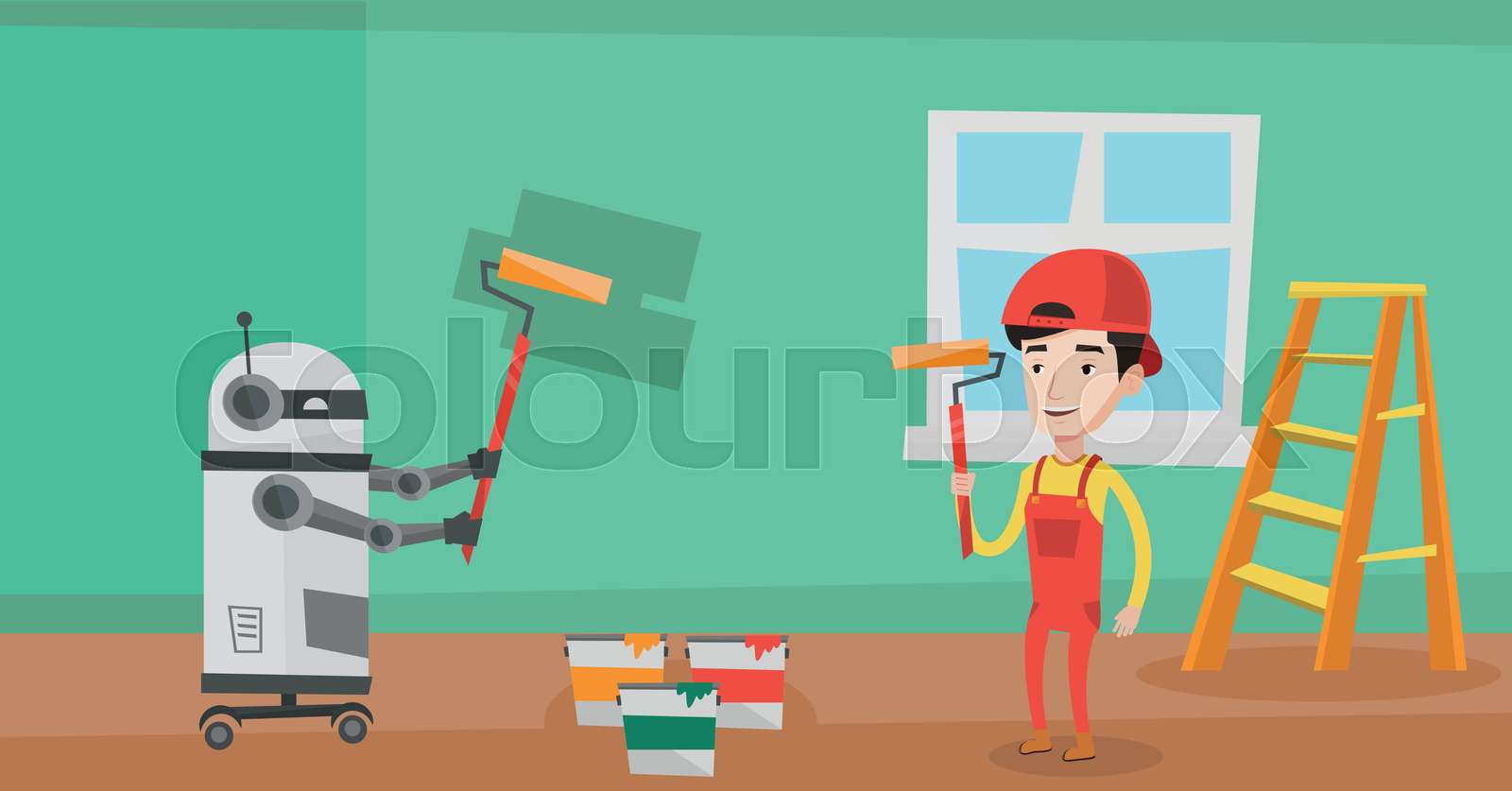 Robot house painter painting the wall. | Stock vector | Colourbox