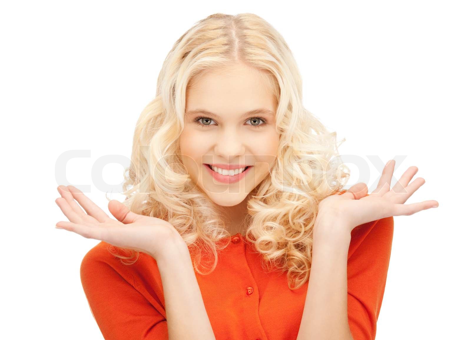 beautiful woman showing something on the palms of her hands | Stock ...