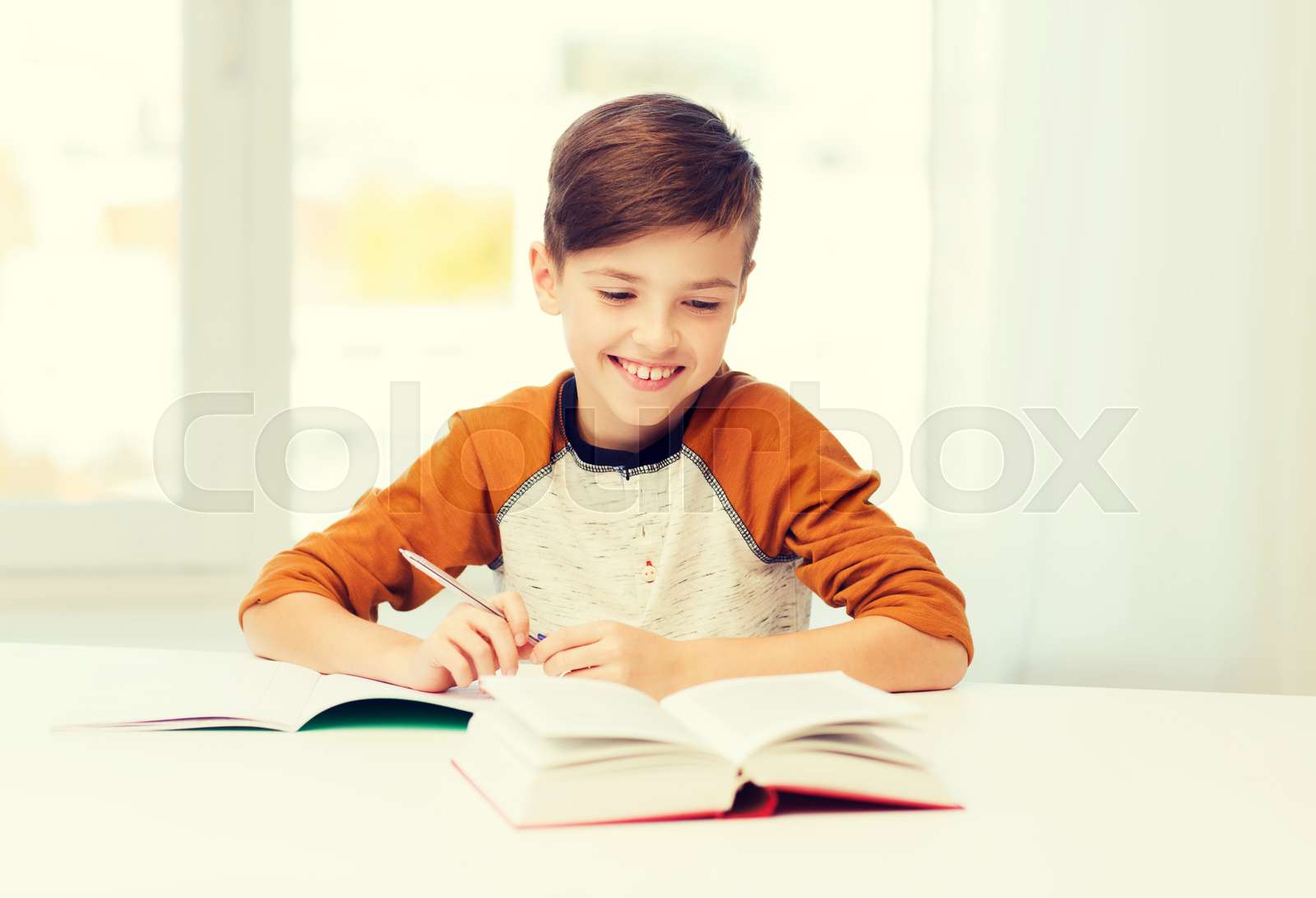 smiling student boy writing to notebook at home | Stock image | Colourbox