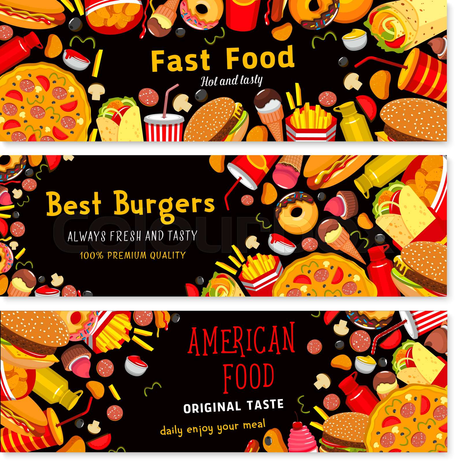 Fast food restaurant burgers vector banners set | Stock vector | Colourbox