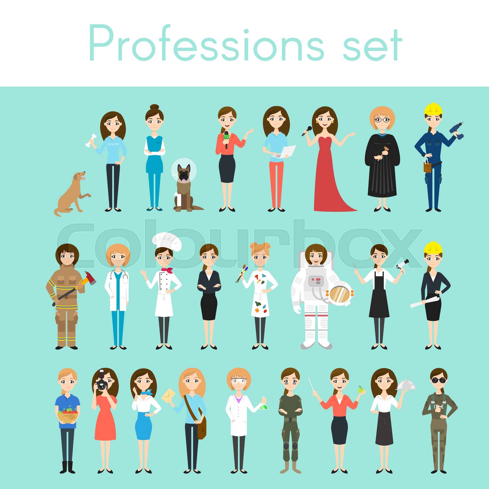 Vector set of different colorful woman professions. Cartoon women ...