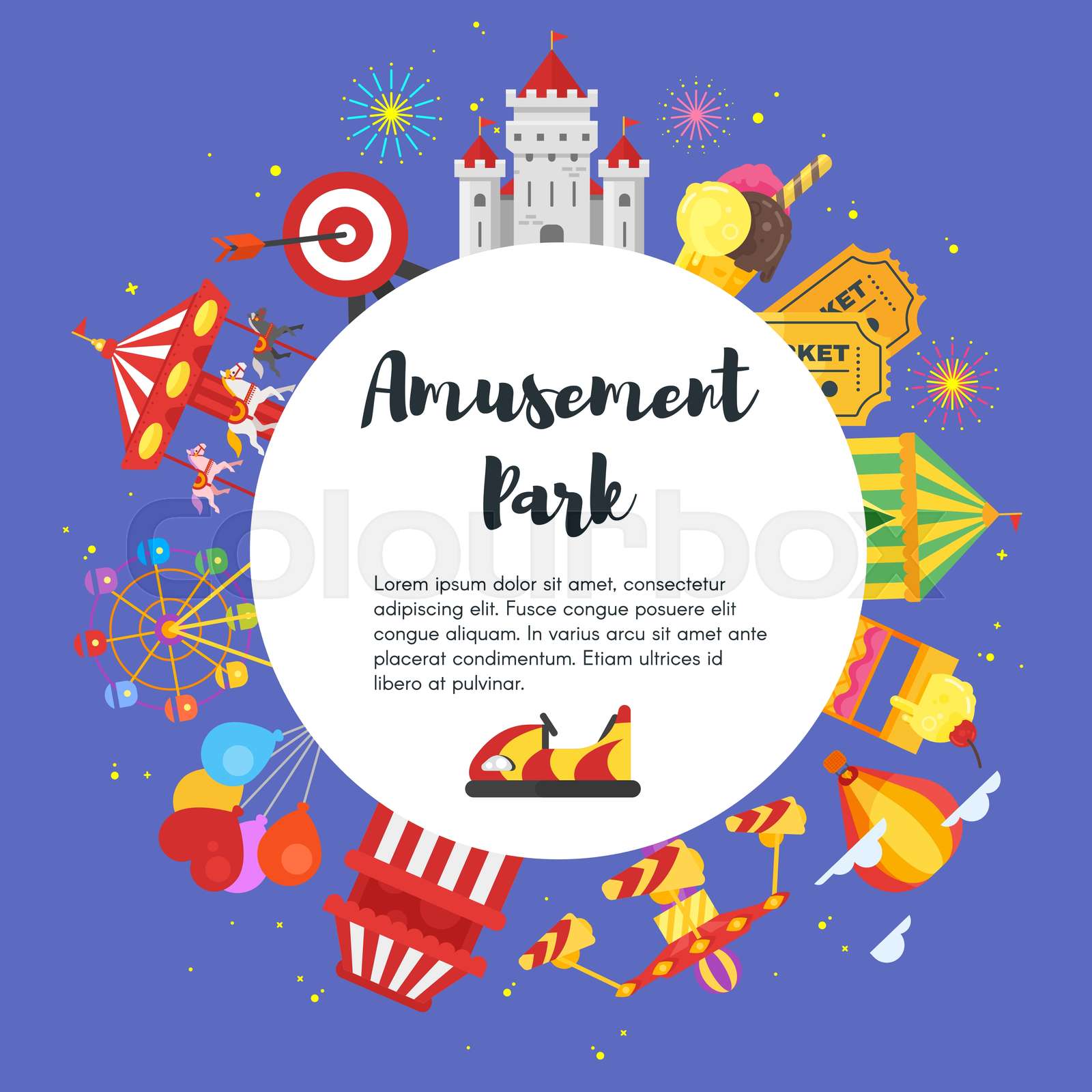 template for flyer or poster design with amusement park objects ...