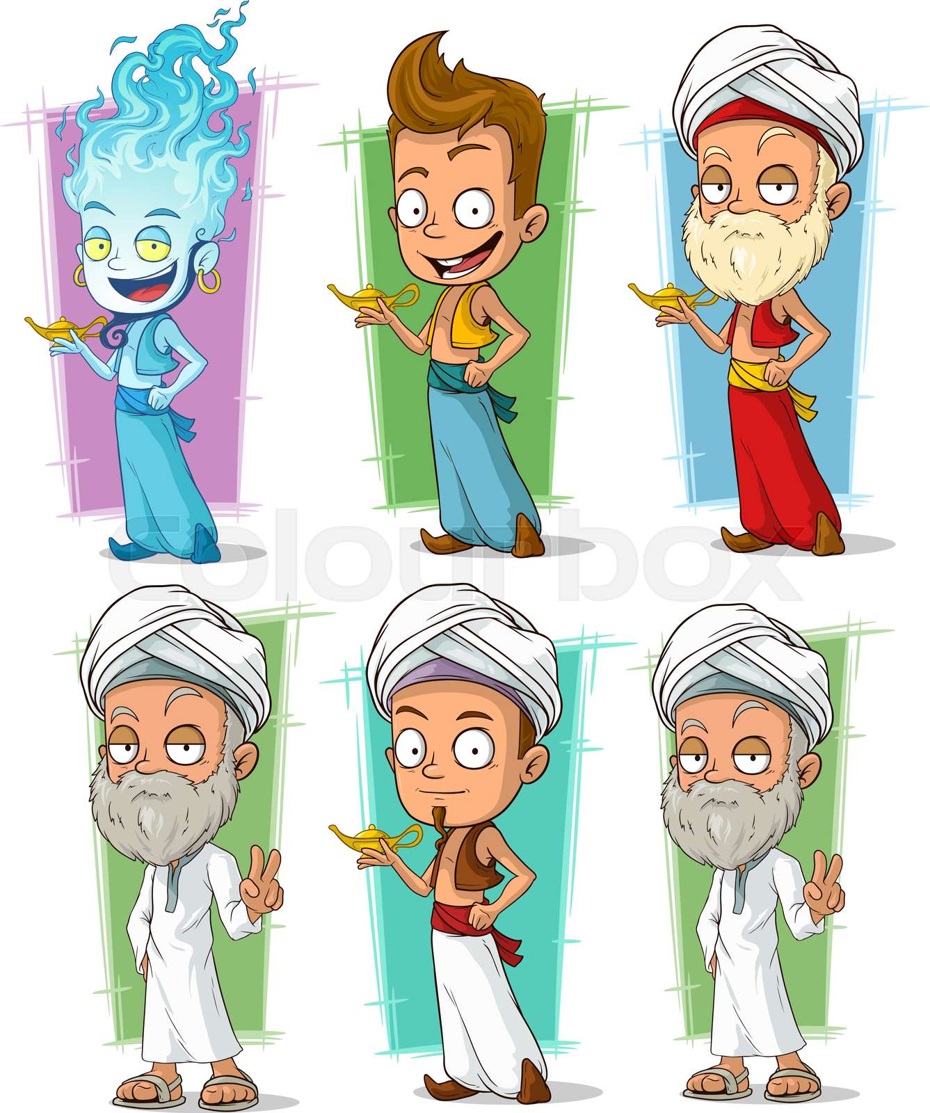 Cartoon persian and jinn with lamp character set | Stock vector | Colourbox