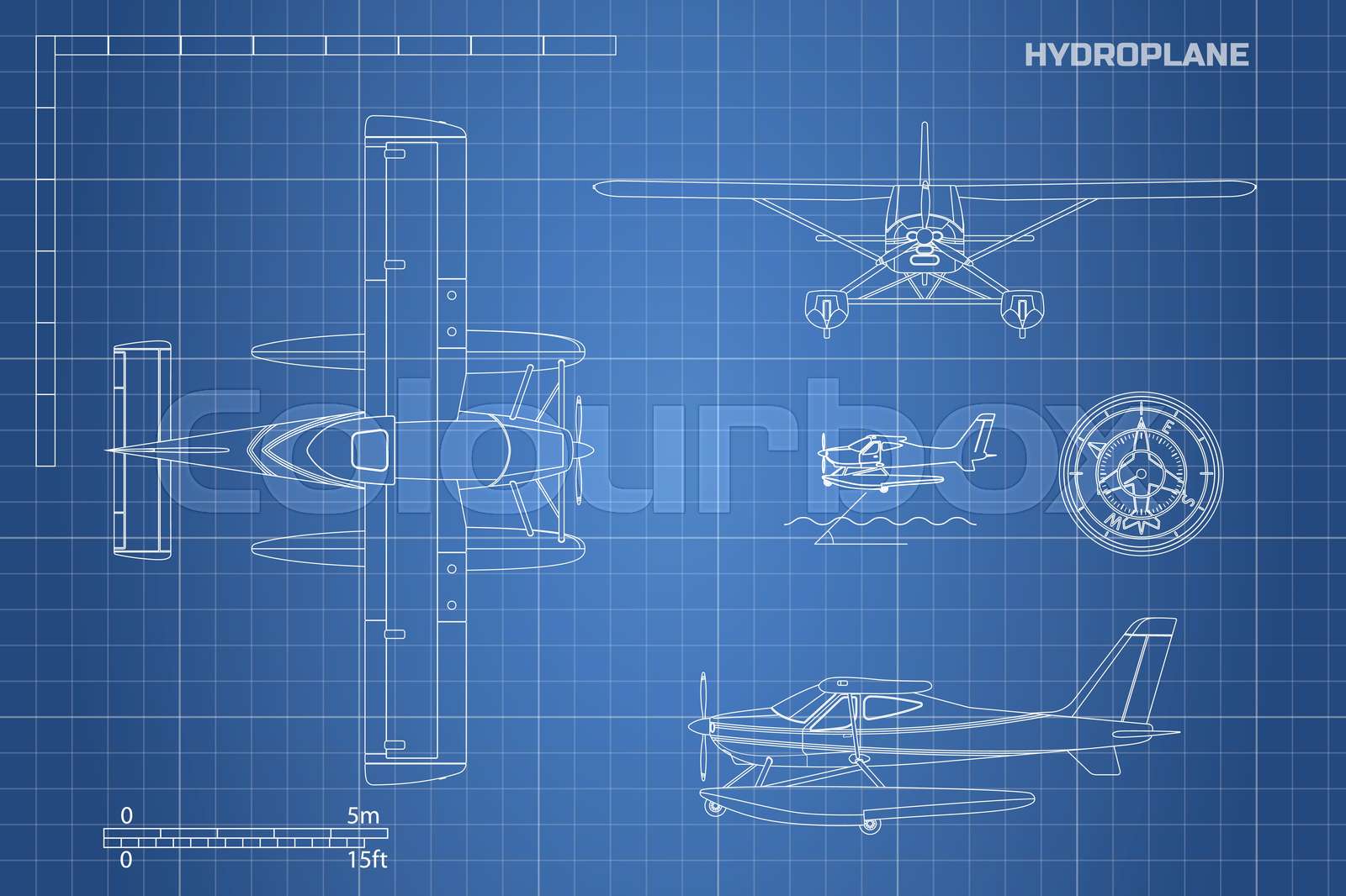 Engineering blueprint of plane. Hydroplane view: top, side and front ...