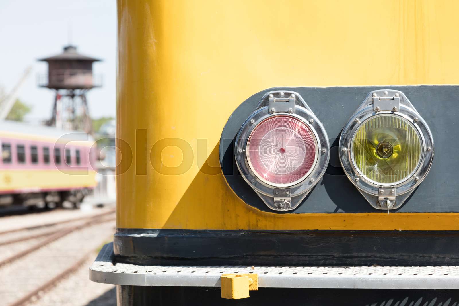 Closeup of a train headlight shining | Stock image | Colourbox