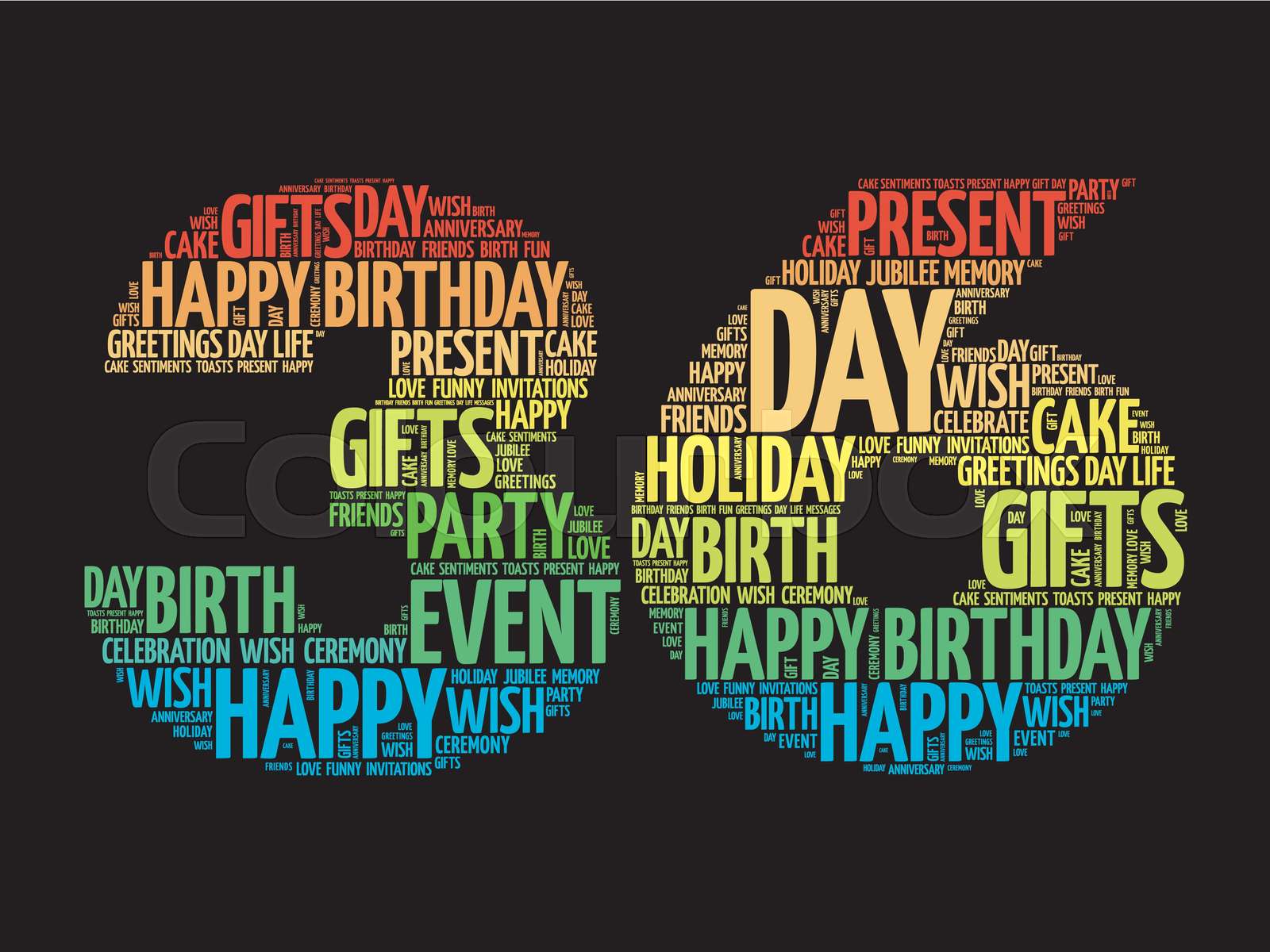 Happy 36th birthday word cloud | Stock vector | Colourbox