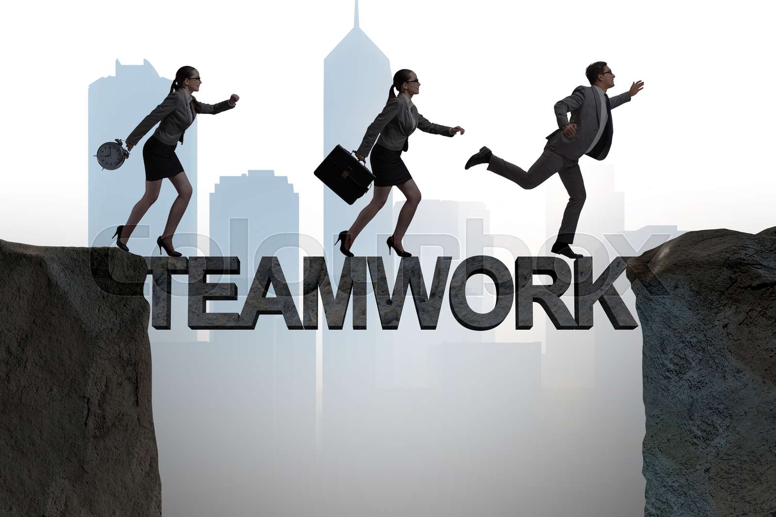 Teamwork concept with business people crossing bridge | Stock image ...