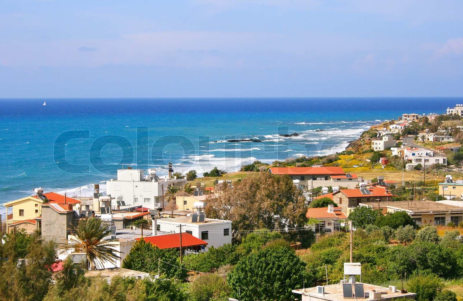 Cyprus landscape with mountain village and Mediterranean sea | Stock ...