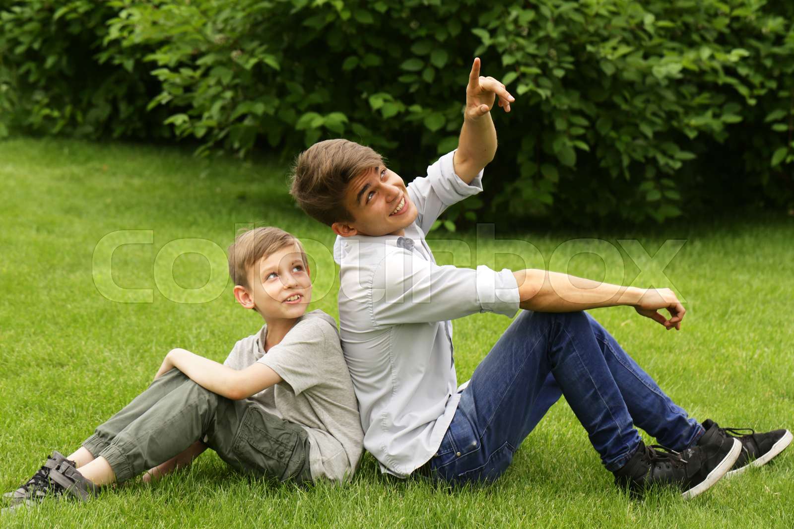 Two brothers have fun in the park - summer time, picnic | Stock image ...