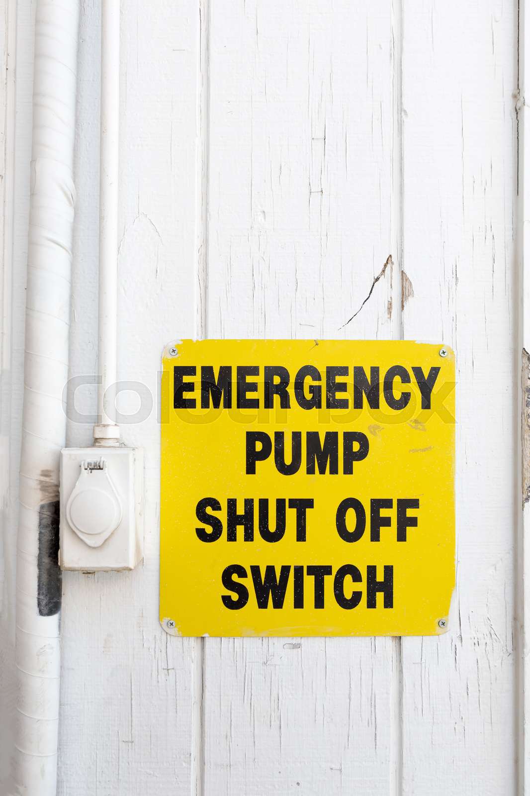 Emergency pump shut off or stop push button switch sign | Stock image ...