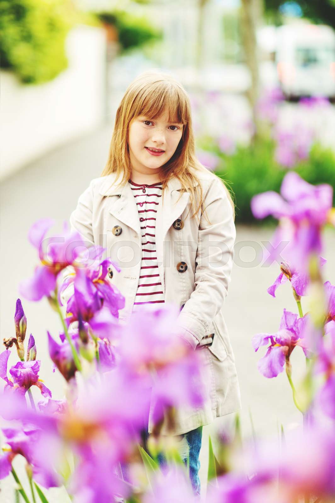 Outdoor fashion portrait of 9-10 year old hipster girl wearing stylish ...