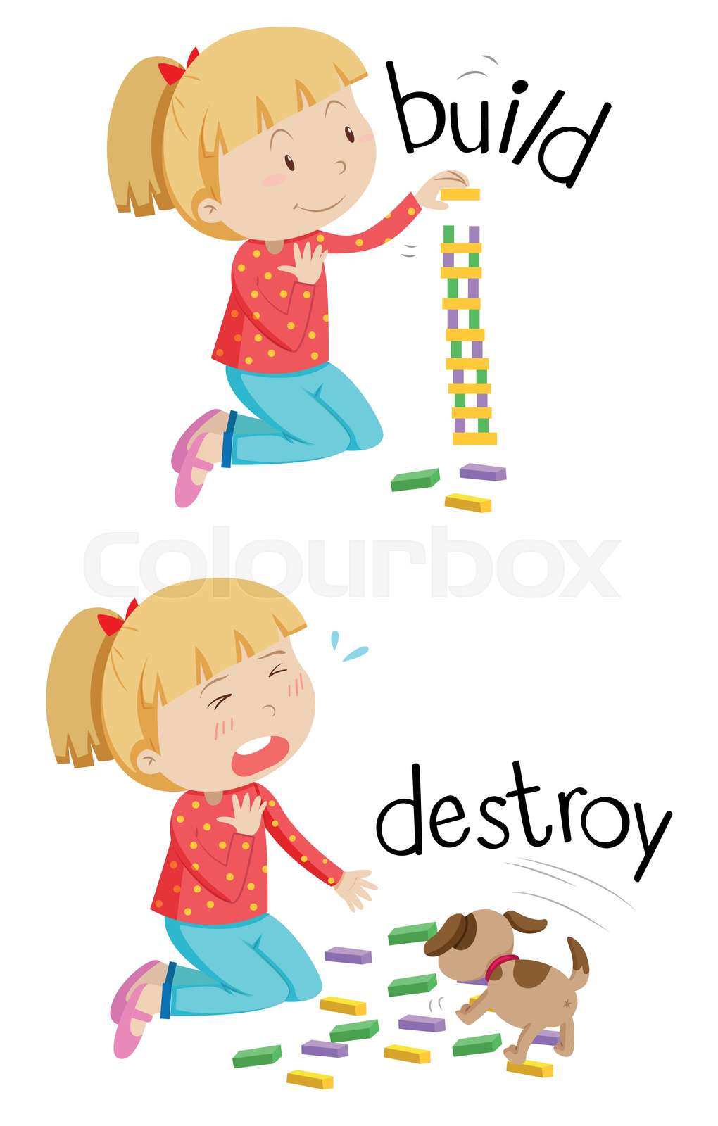 Opposite words for build and destroy | Stock vector | Colourbox