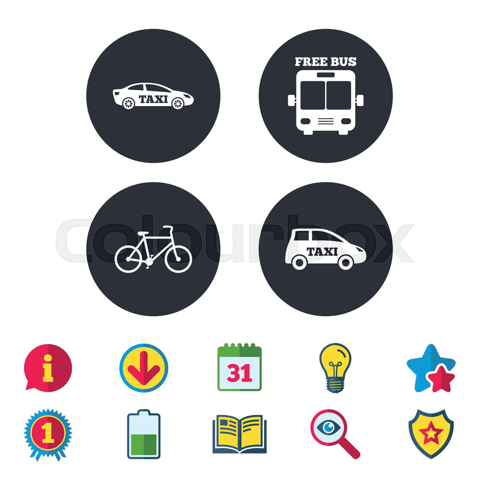 Public transport icons. Free bus, bicycle signs. | Stock vector | Colourbox