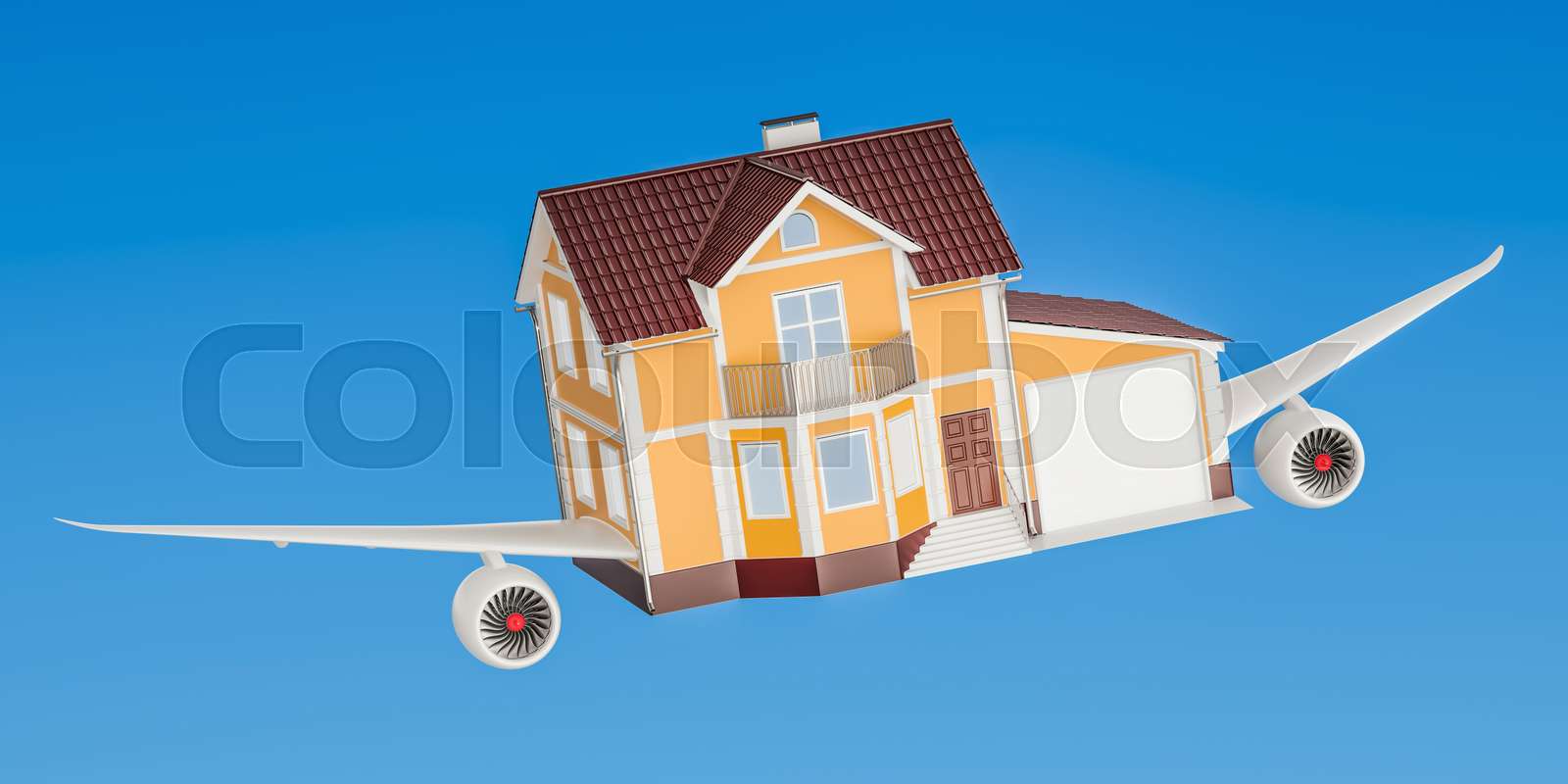 House with wings flying in the sky. Comfortable travel concept, 3D ...