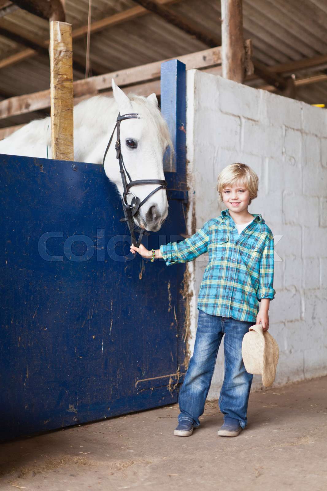 Boy standing with horse in stable | Stock image | Colourbox