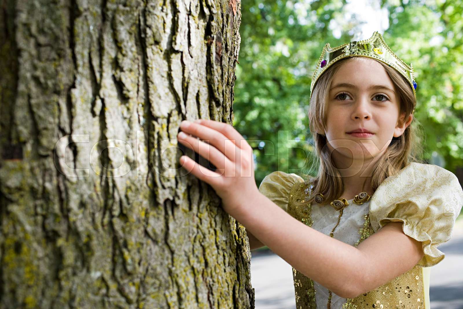 Girl dressed up as queen touching tree trunk | Stock image | Colourbox