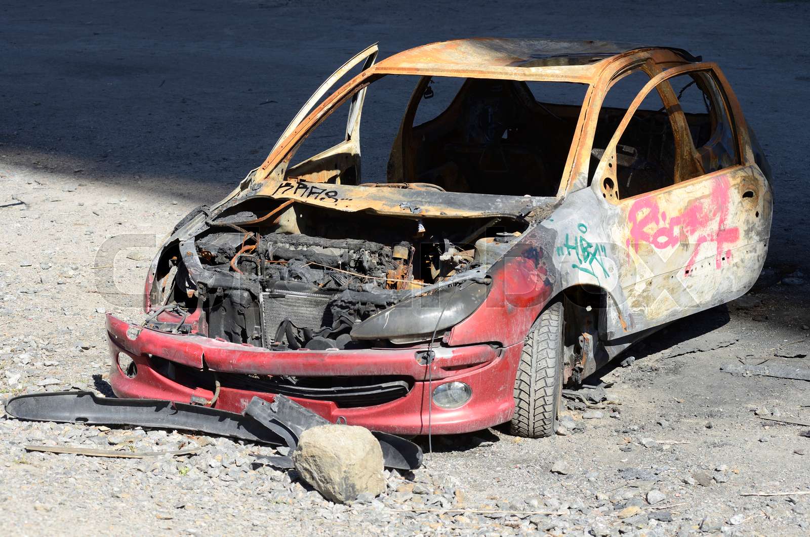 Car crash, burnt-out wreck | Stock image | Colourbox