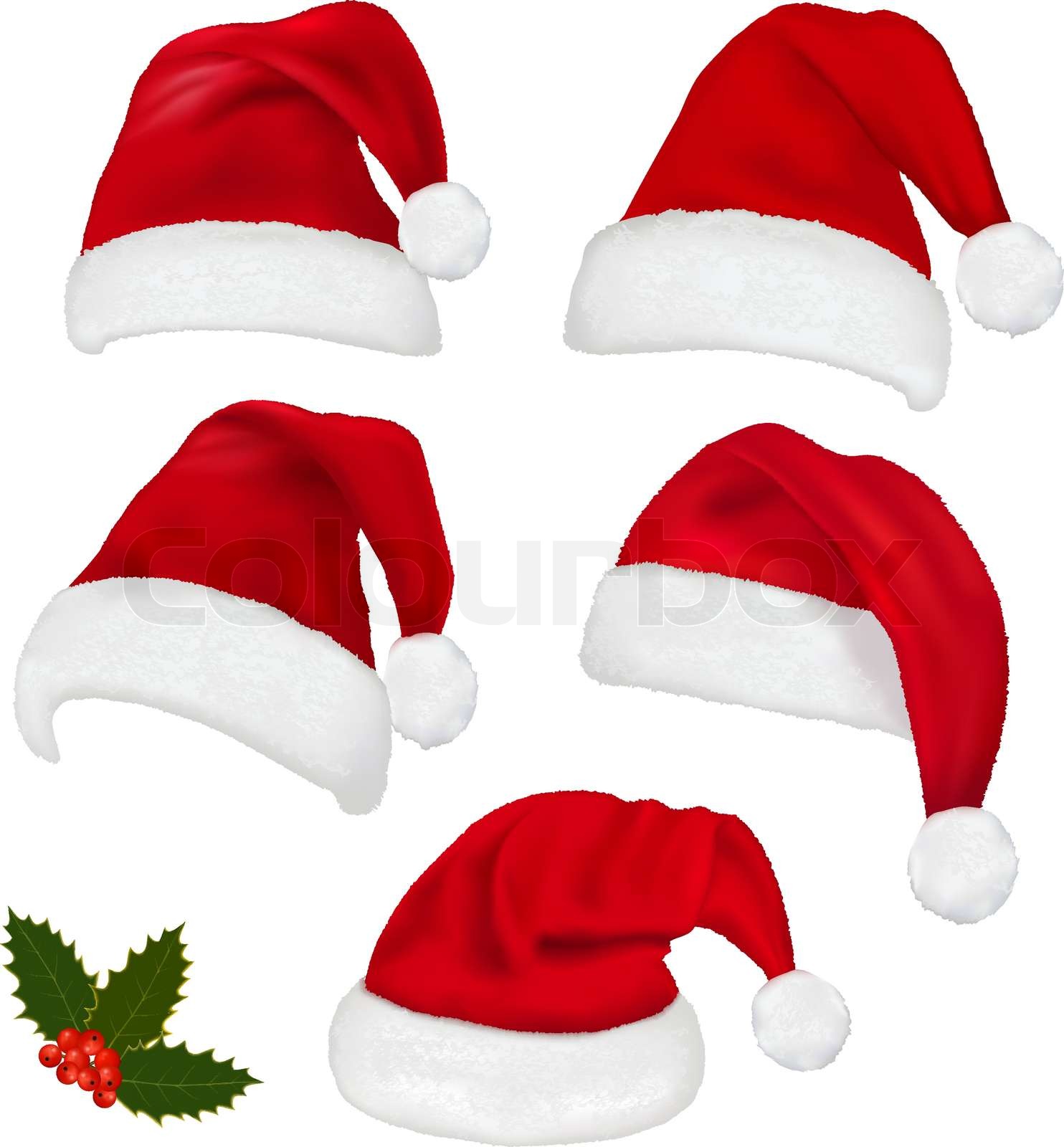 Collection of red santa hats with and Christmas holly. Vector. | Stock ...