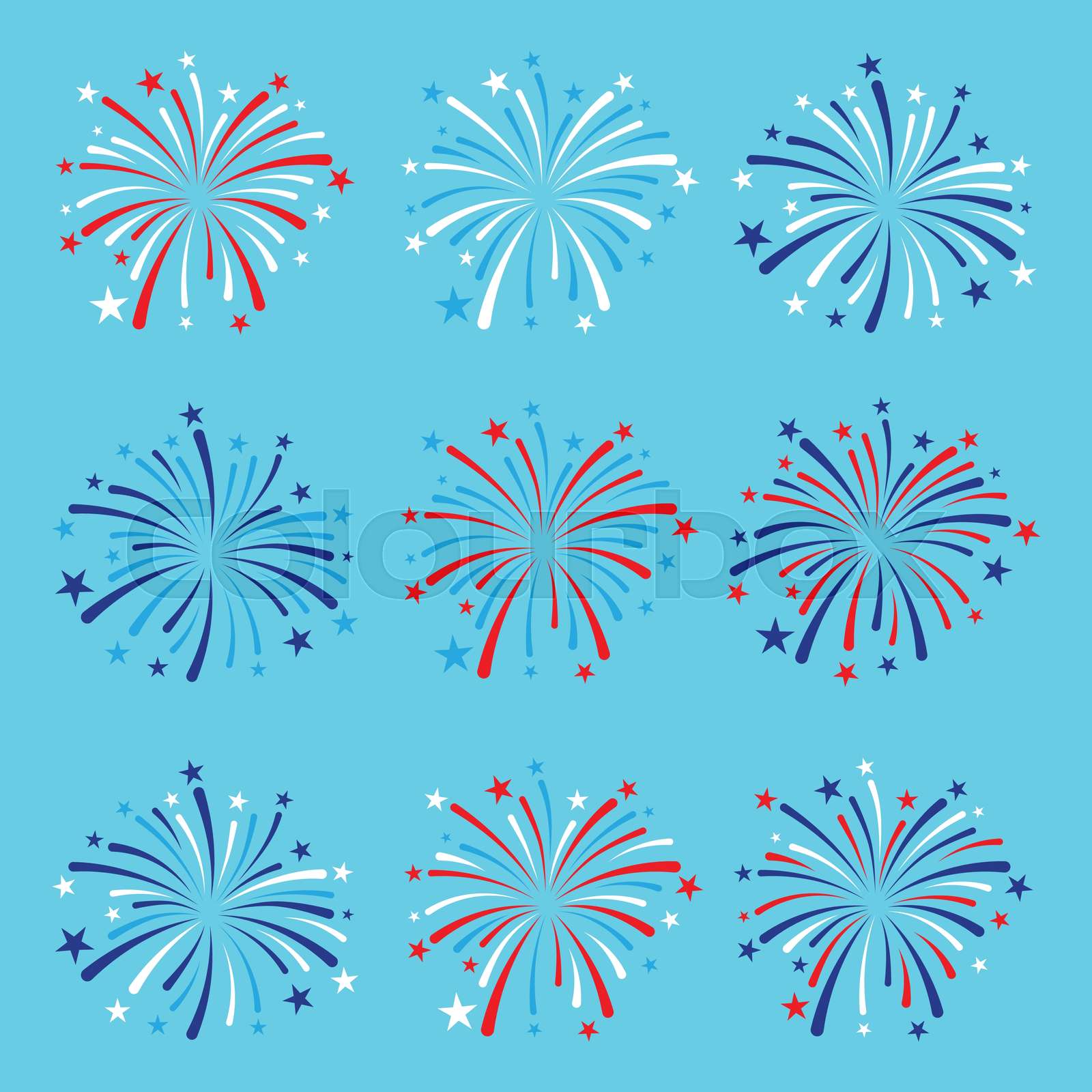 vector set of nine fireworks in blue, red and white colors | Stock ...