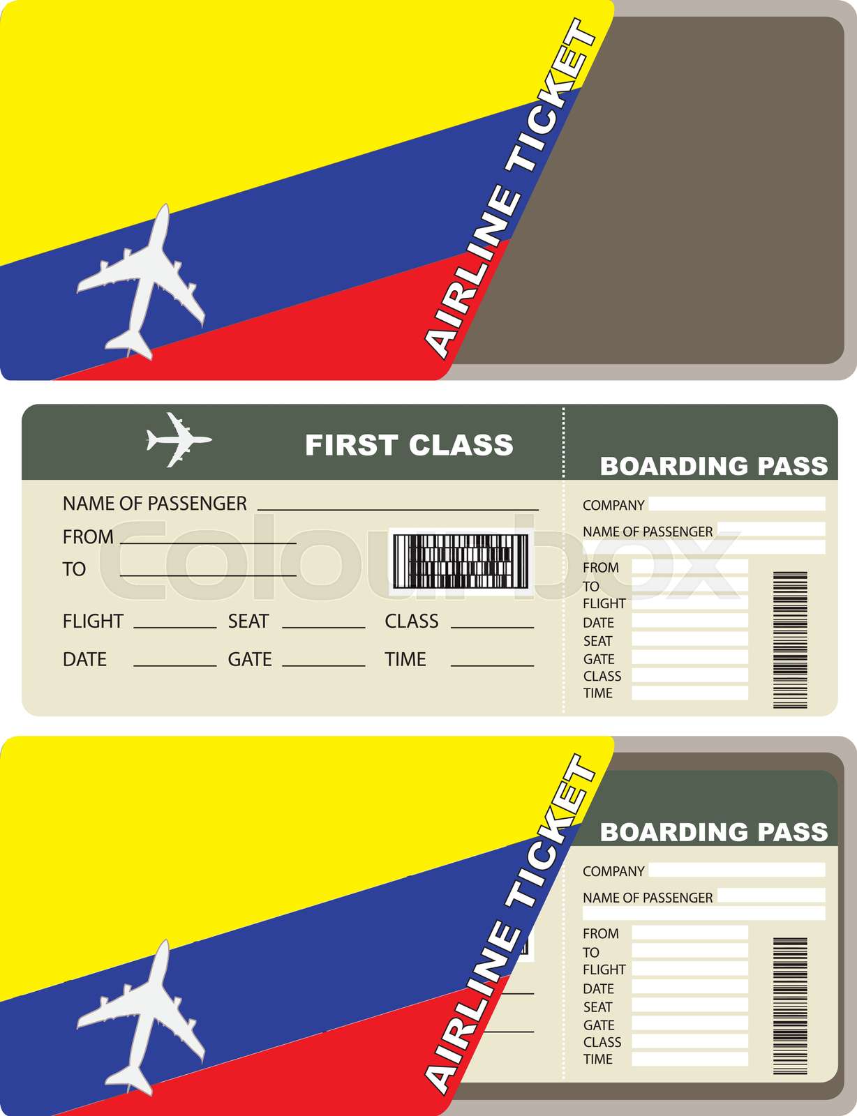 Plane ticket first class in Colombia | Stock vector | Colourbox
