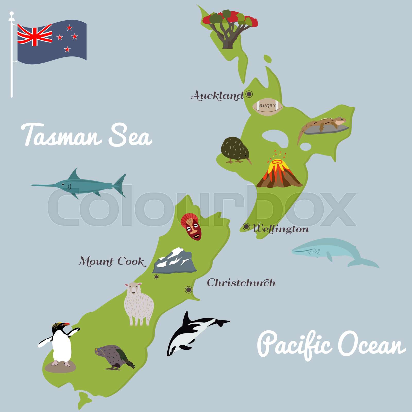 New Zealand tourist map with famous landmarks. | Stock vector | Colourbox