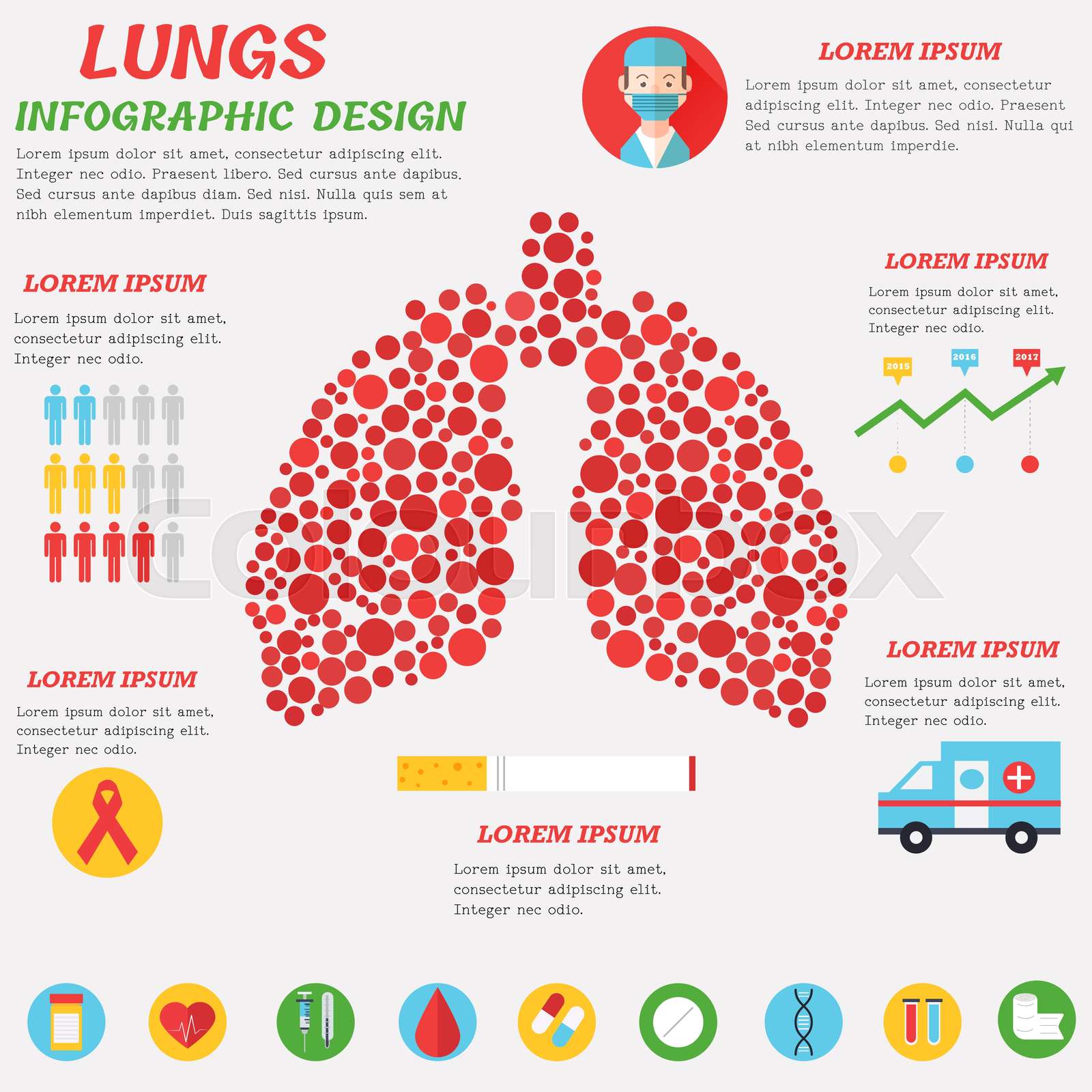 Lungs Infographic design with set of flat icons and text | Stock vector ...