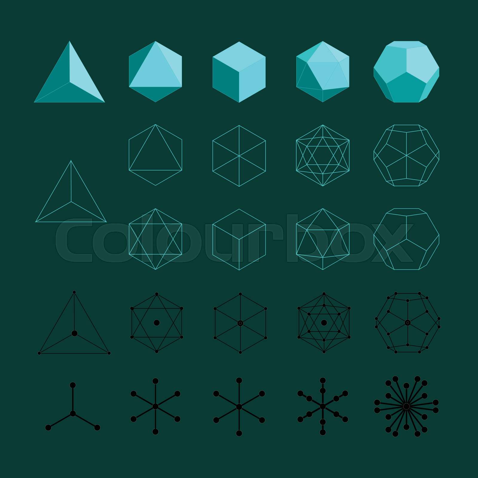 Platonic solids. Tetrahedron, Octahedron, Cube, Icosahedron and ...