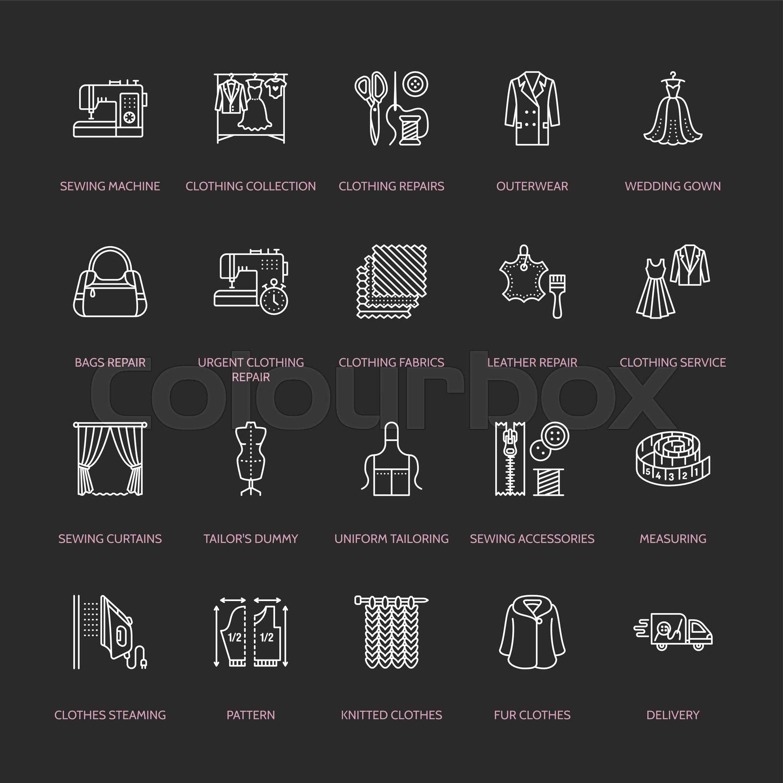 Clothing repair, alterations flat line icons set. Tailor store services ...