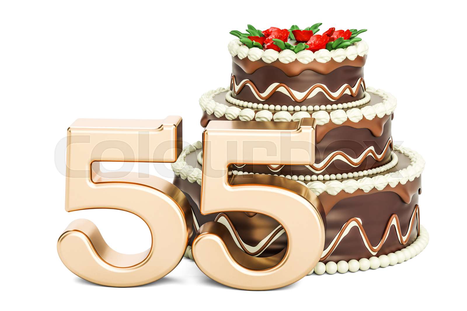 Chocolate Birthday cake with golden number 55, 3D rendering | Stock ...