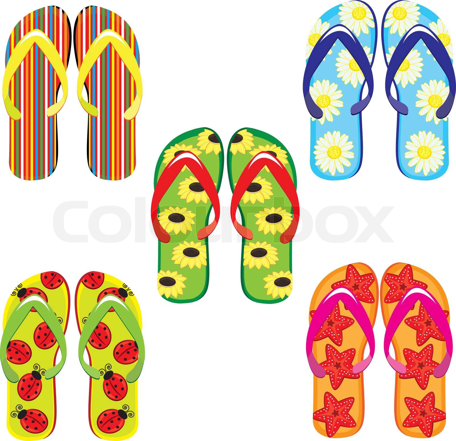 Fünf Paar bunte Flip-Flops Illustration auf weißem Hintergrund | Stock-Vektor | Colourbox