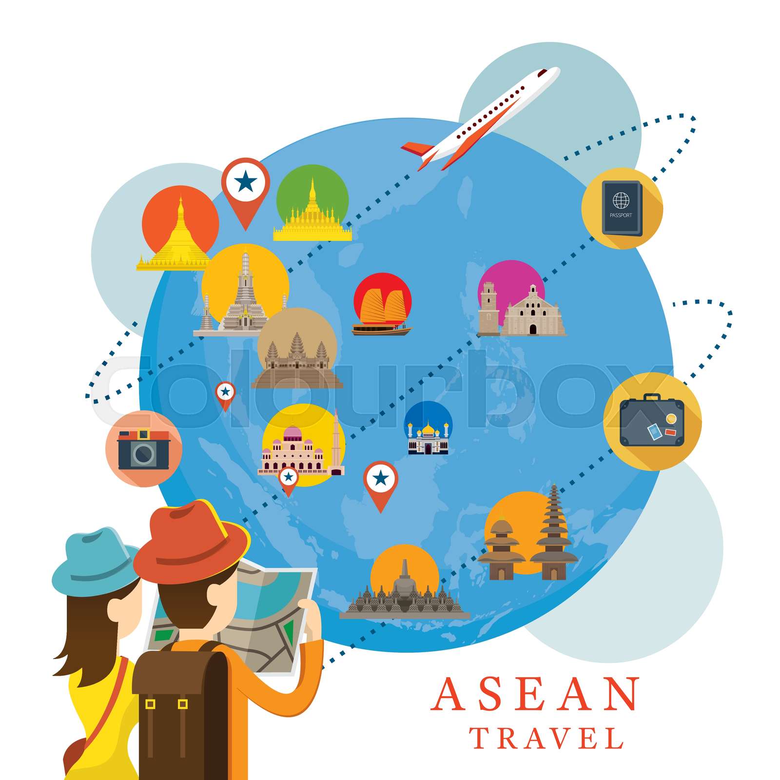 Traveller with Globe and Southeast Asia Map and Landmarks | Stock ...