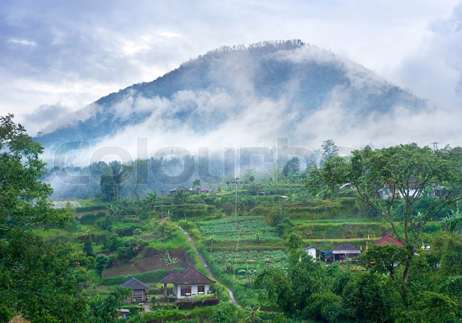 Landscape with traditional Indonesian mountain village East Java ...