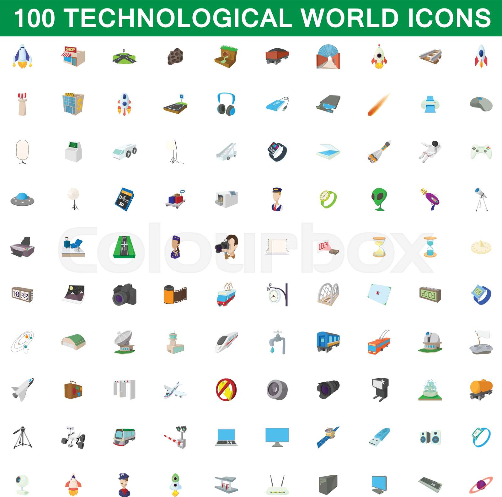 100 technological world icons set, cartoon style | Stock vector | Colourbox