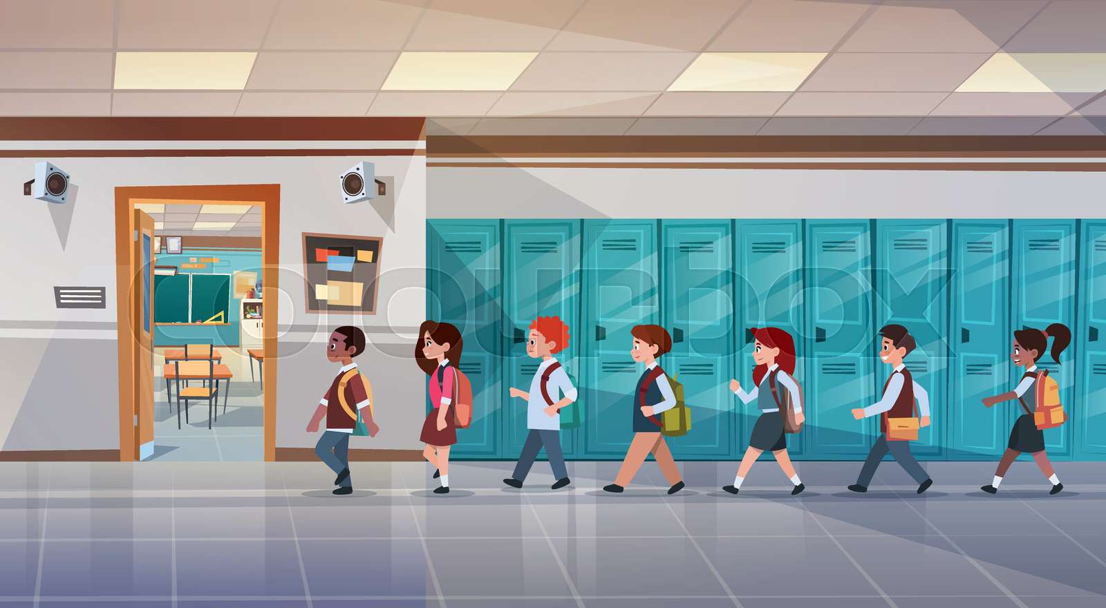 Group Of Pupils Walking In School Corridor To Class Room, Mix Race ...