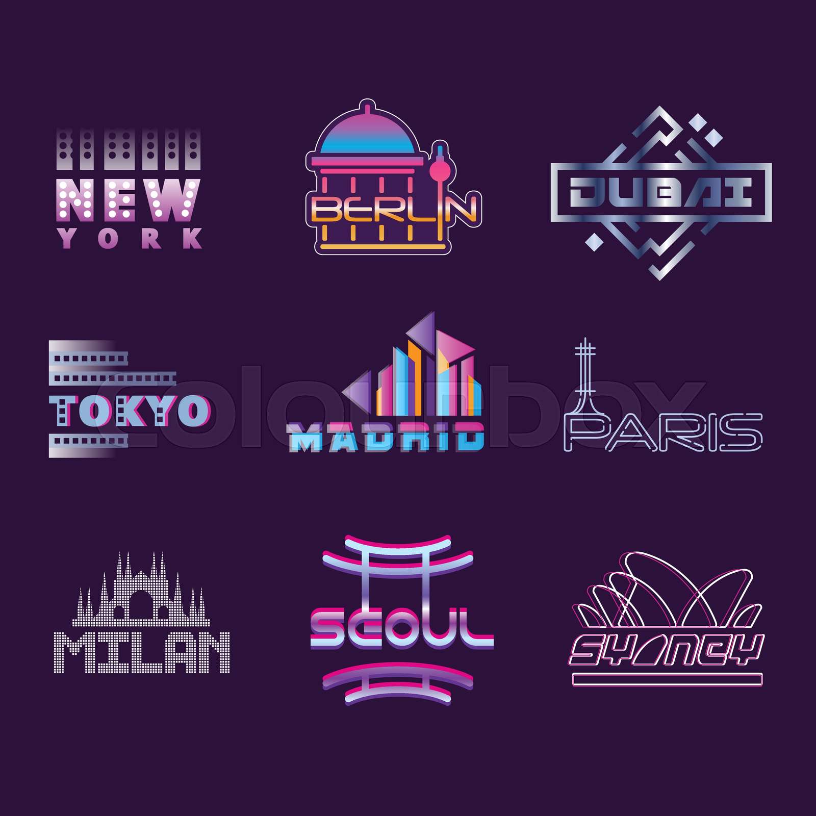 World cities labels set, logo graphic templates vector Illustrations ...