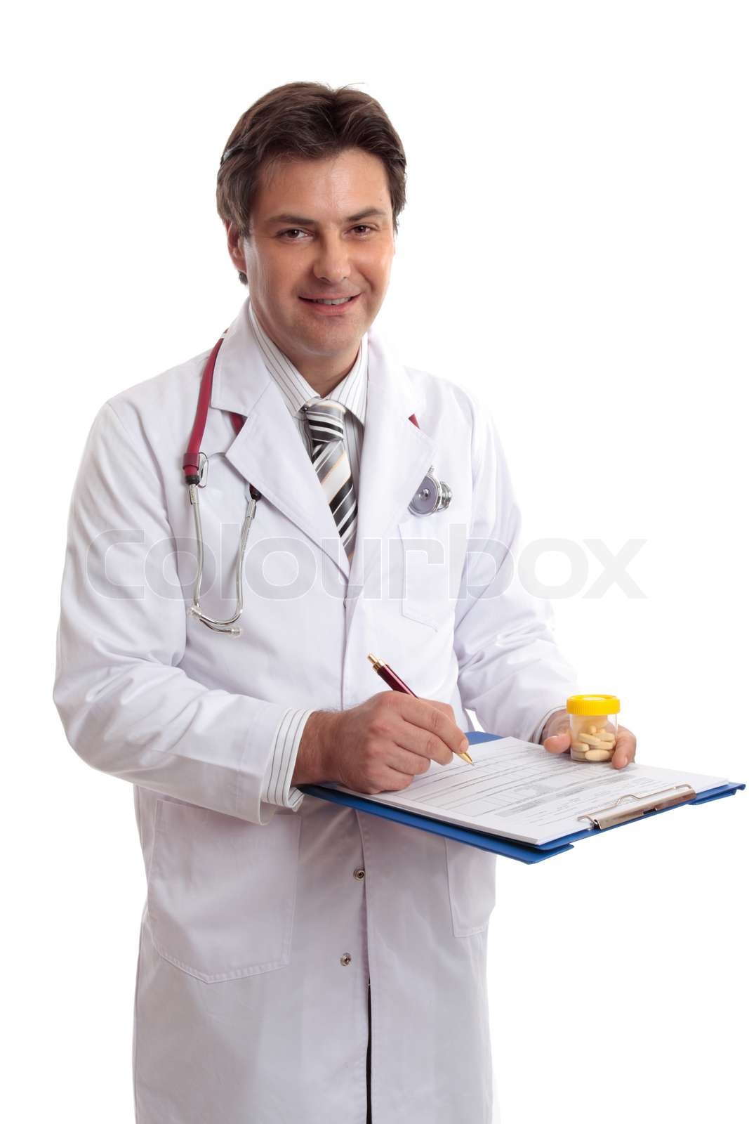 A caring doctor holding a medical health record and some medicine ...