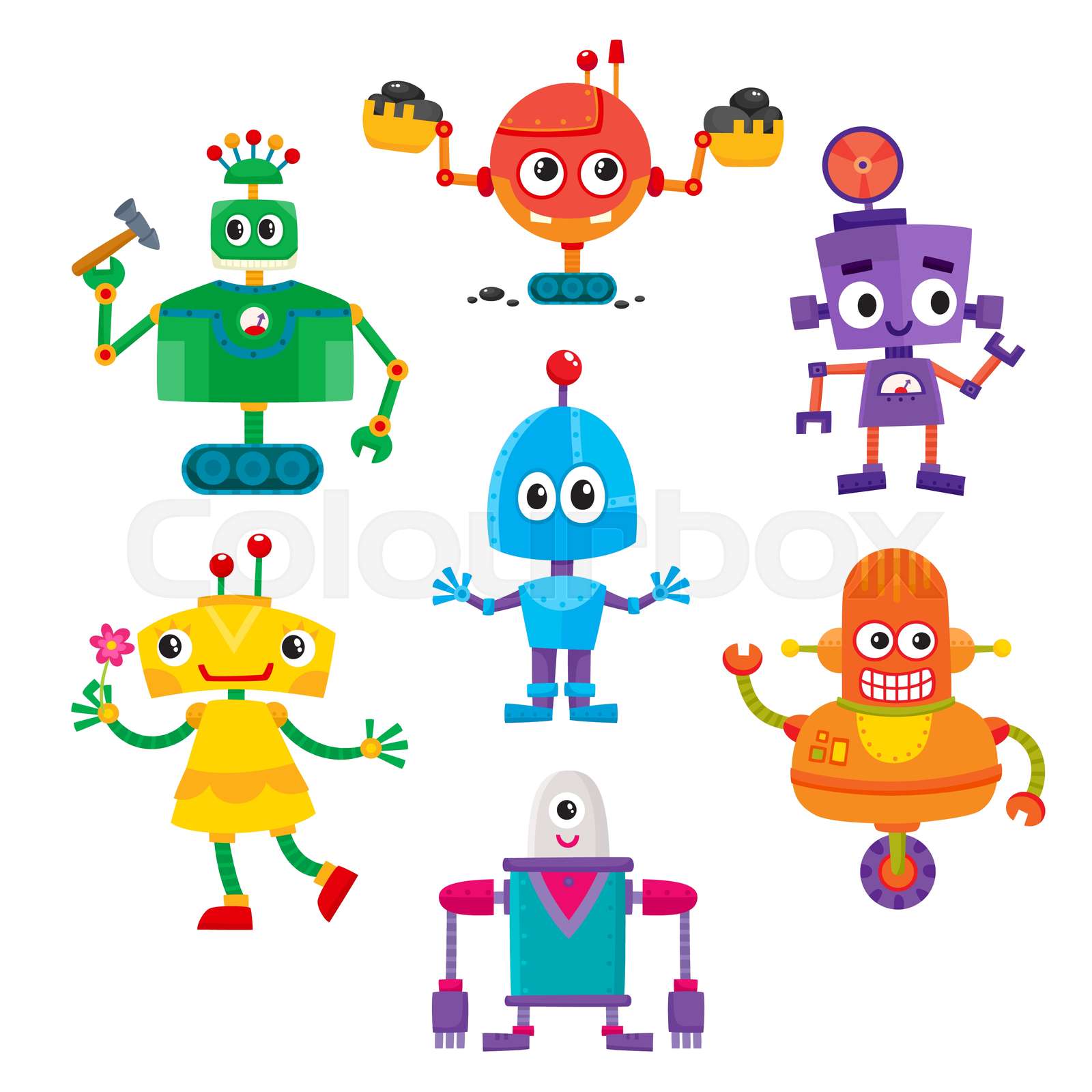 Set of cute and funny colorful robot characters | Stock vector | Colourbox