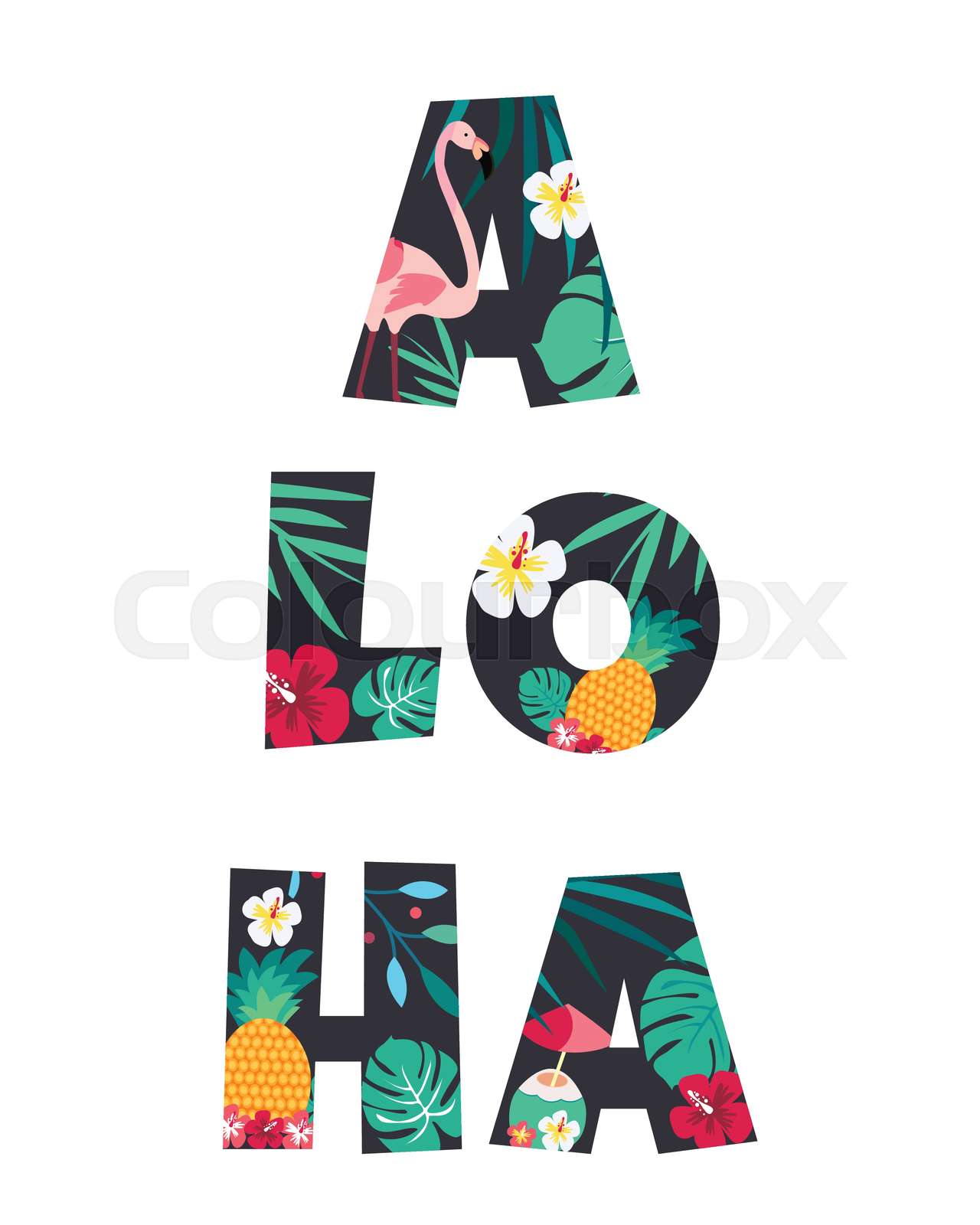 Tropical Letter ALOHA Poster with pineapple, flowers and flamingo ...