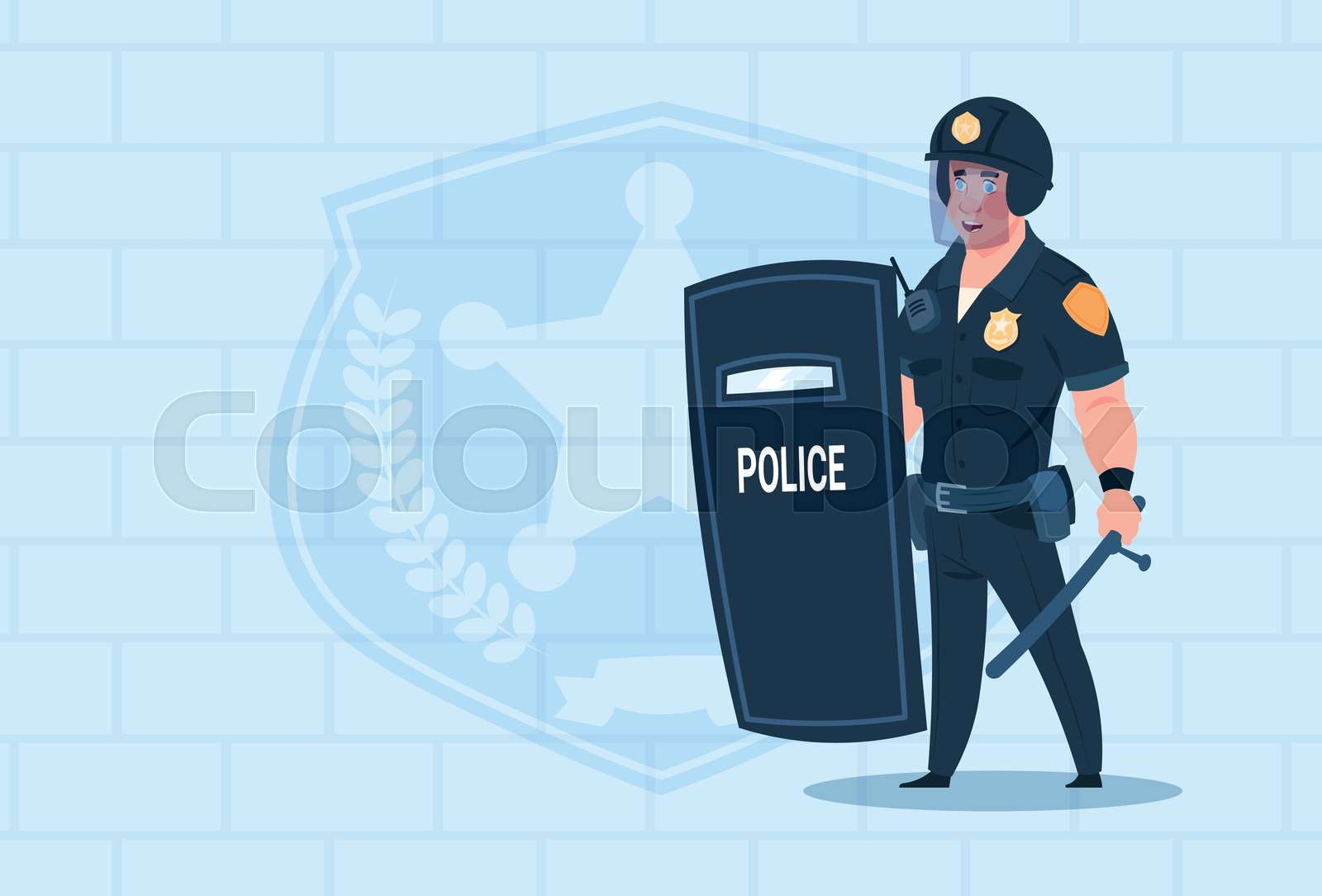 Policeman Hold Shield Wearing Helmet Uniform Cop Guard Over Brick ...