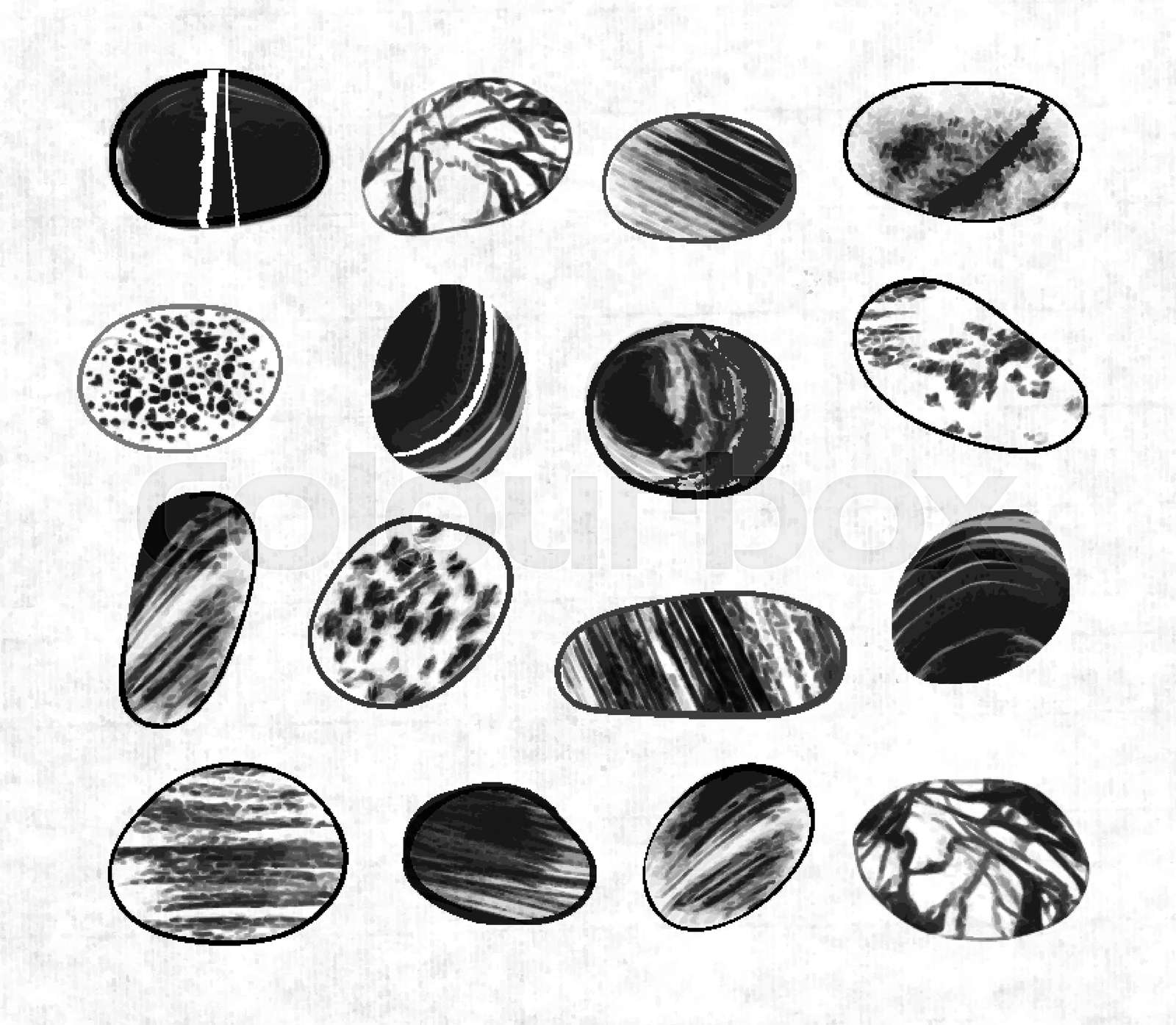 Collection of textured pebble stones hand drawn with ink. Traditional Japanese ink painting sumi ...