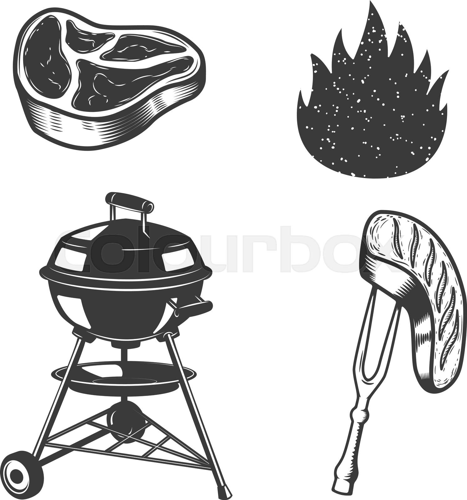 Grill, raw meat, grilled meat, fire. Design elements for menu, label ...