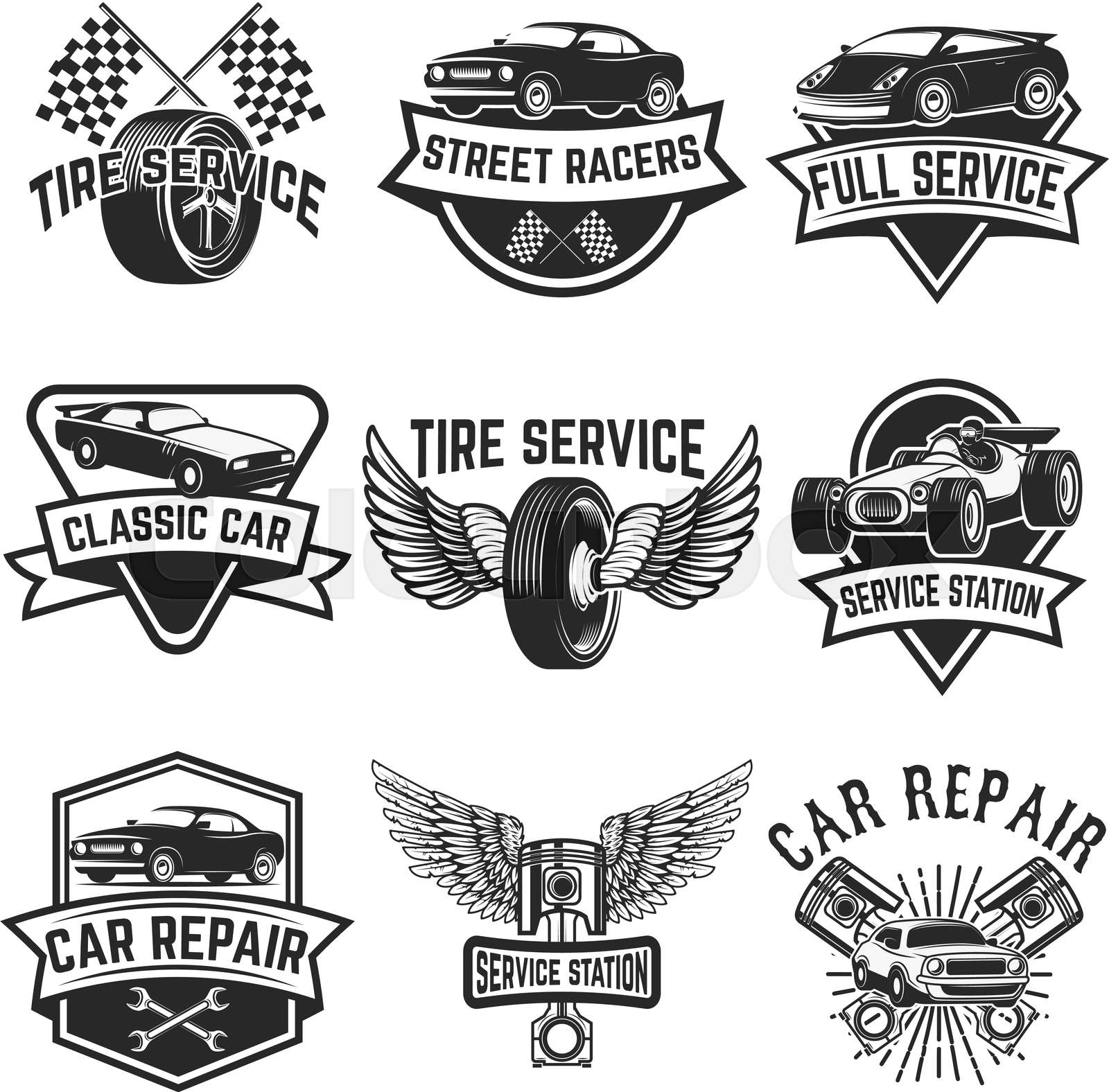 Set of tire service, car repair labels. Pistons, car wheels, repair ...