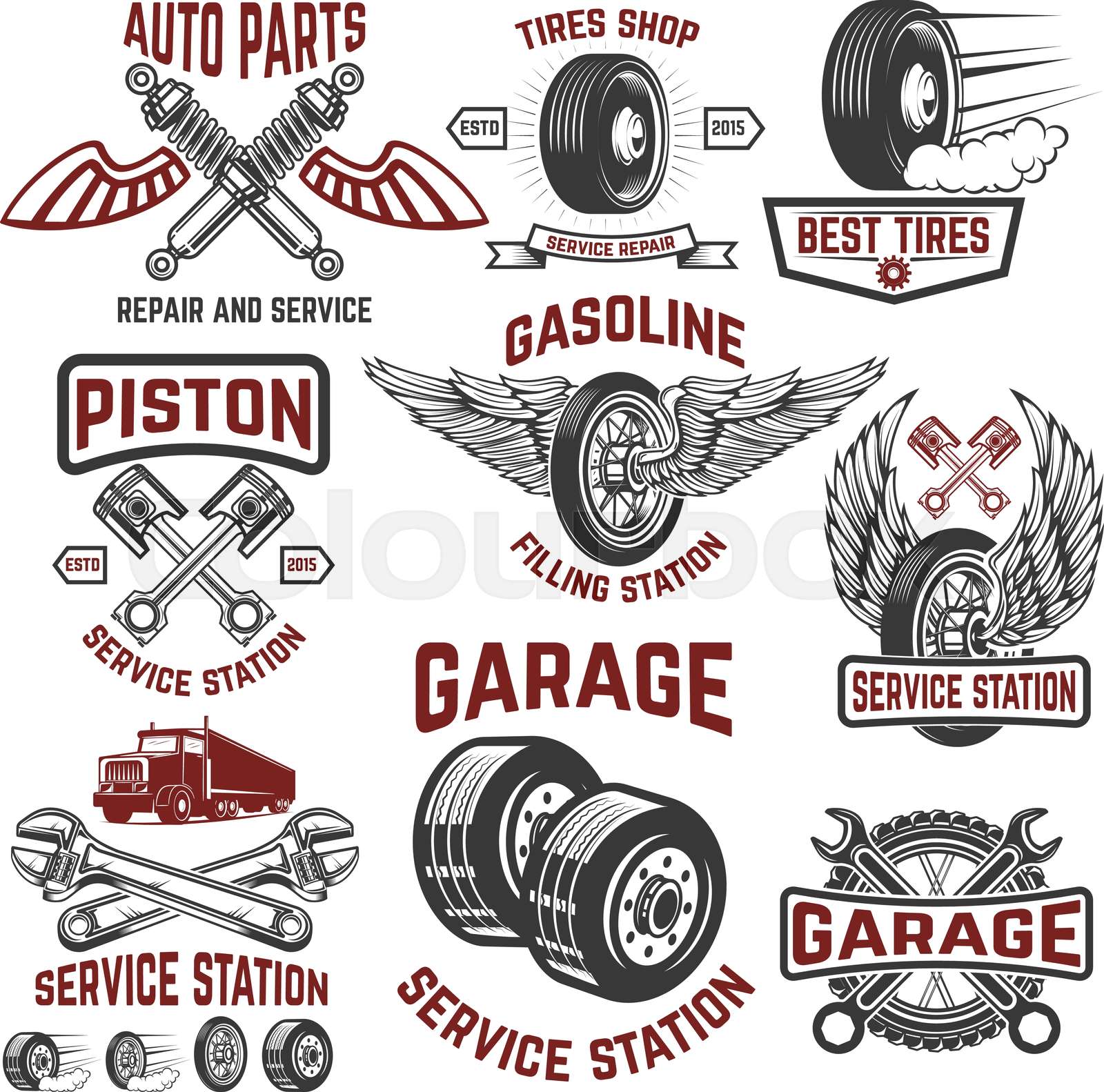 Garage, service station, tires shop, auto parts store. Design elements ...