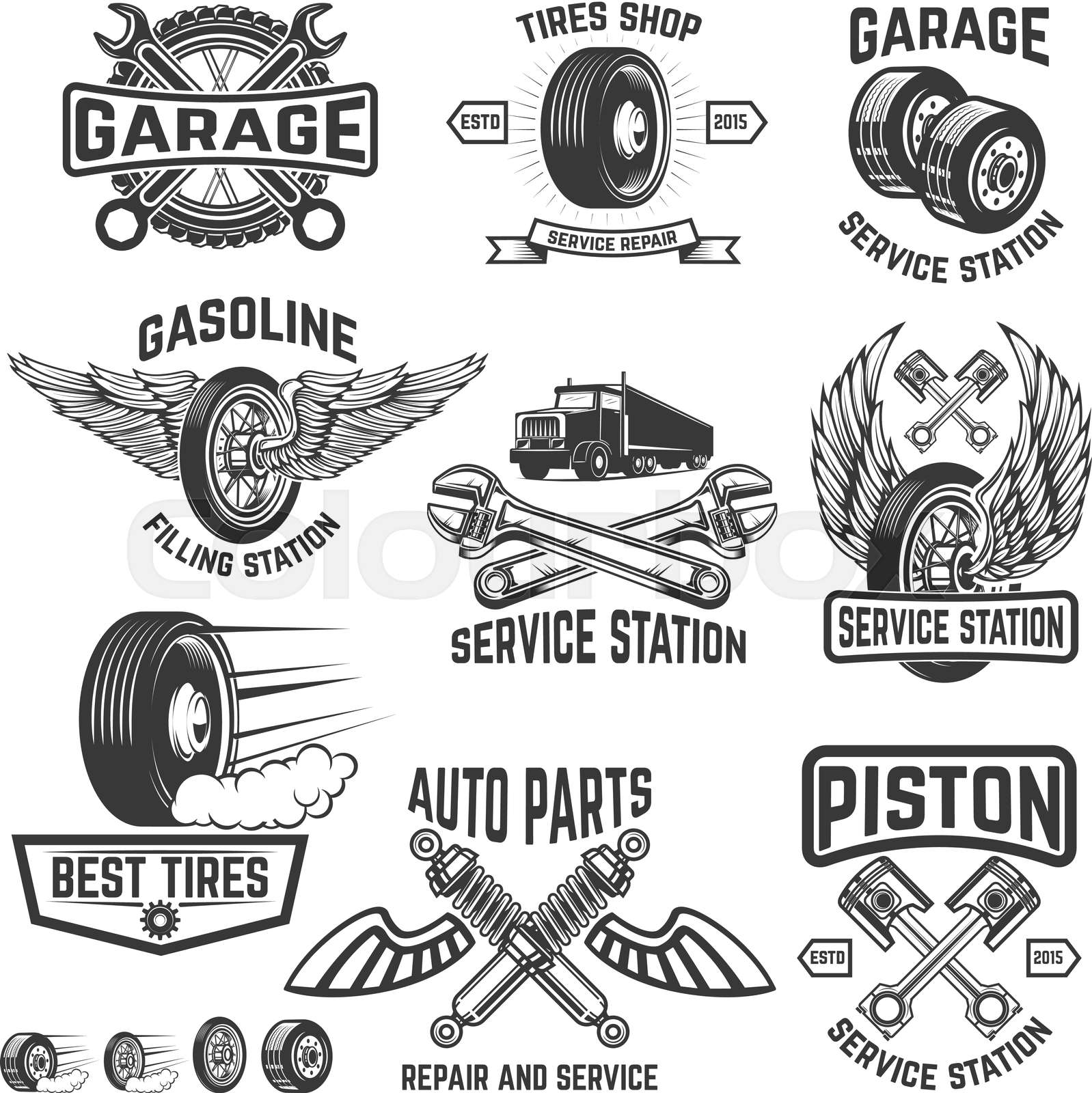 Garage, service station, auto parts store, filling station badges ...