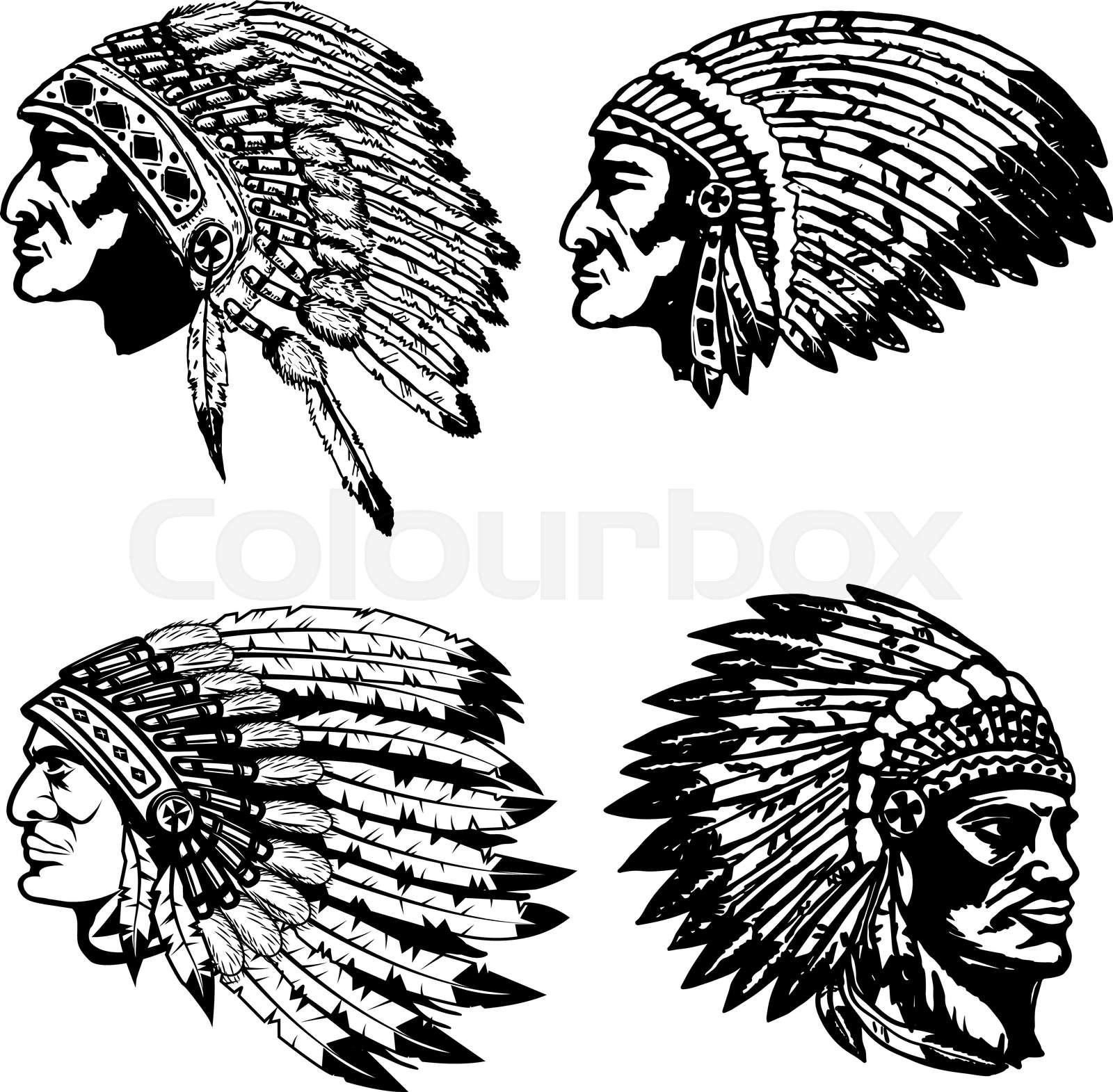 Set of native american heads in headdress. Design elements for label ...