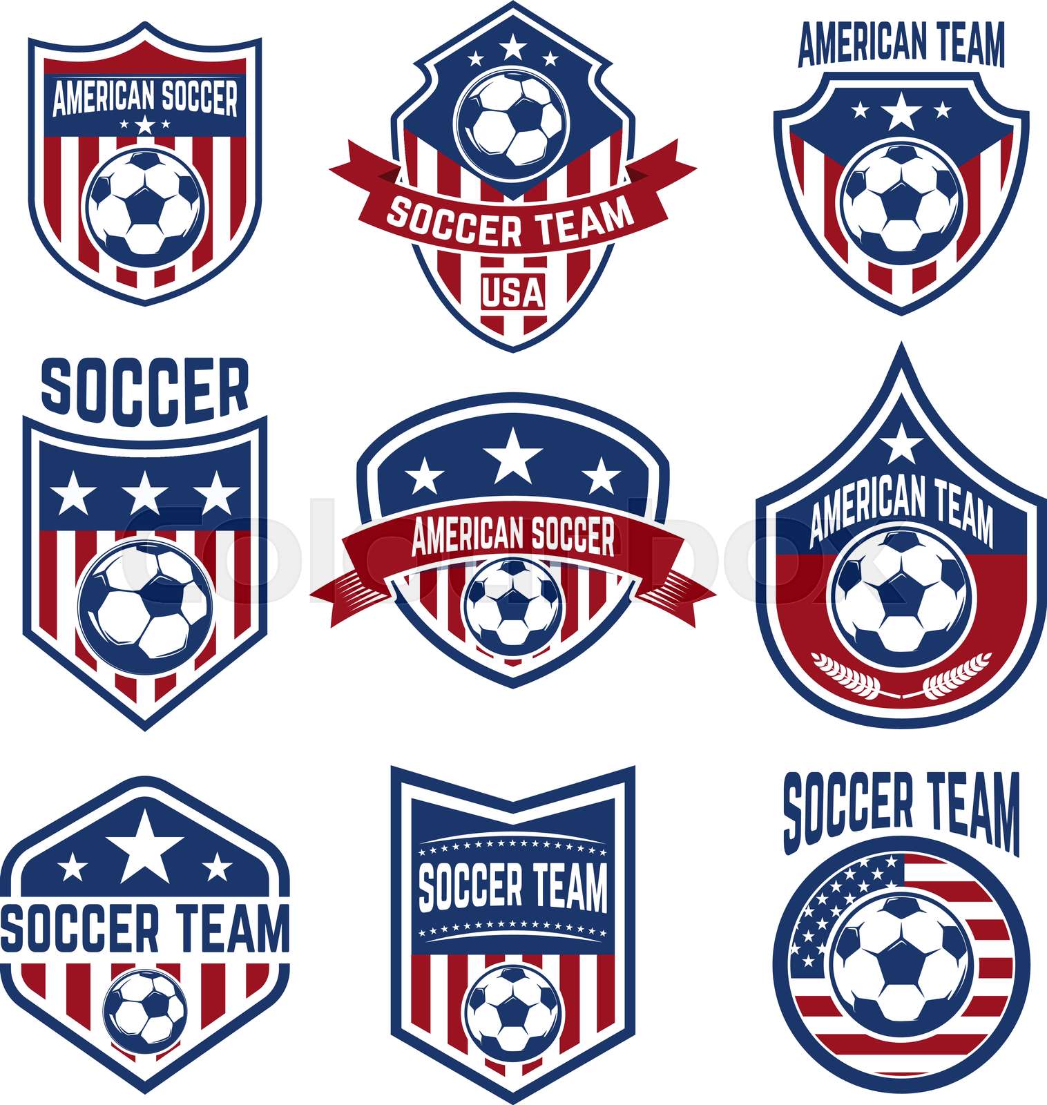 Set of american soccer team labels. Emblems with football balls. Vector ...