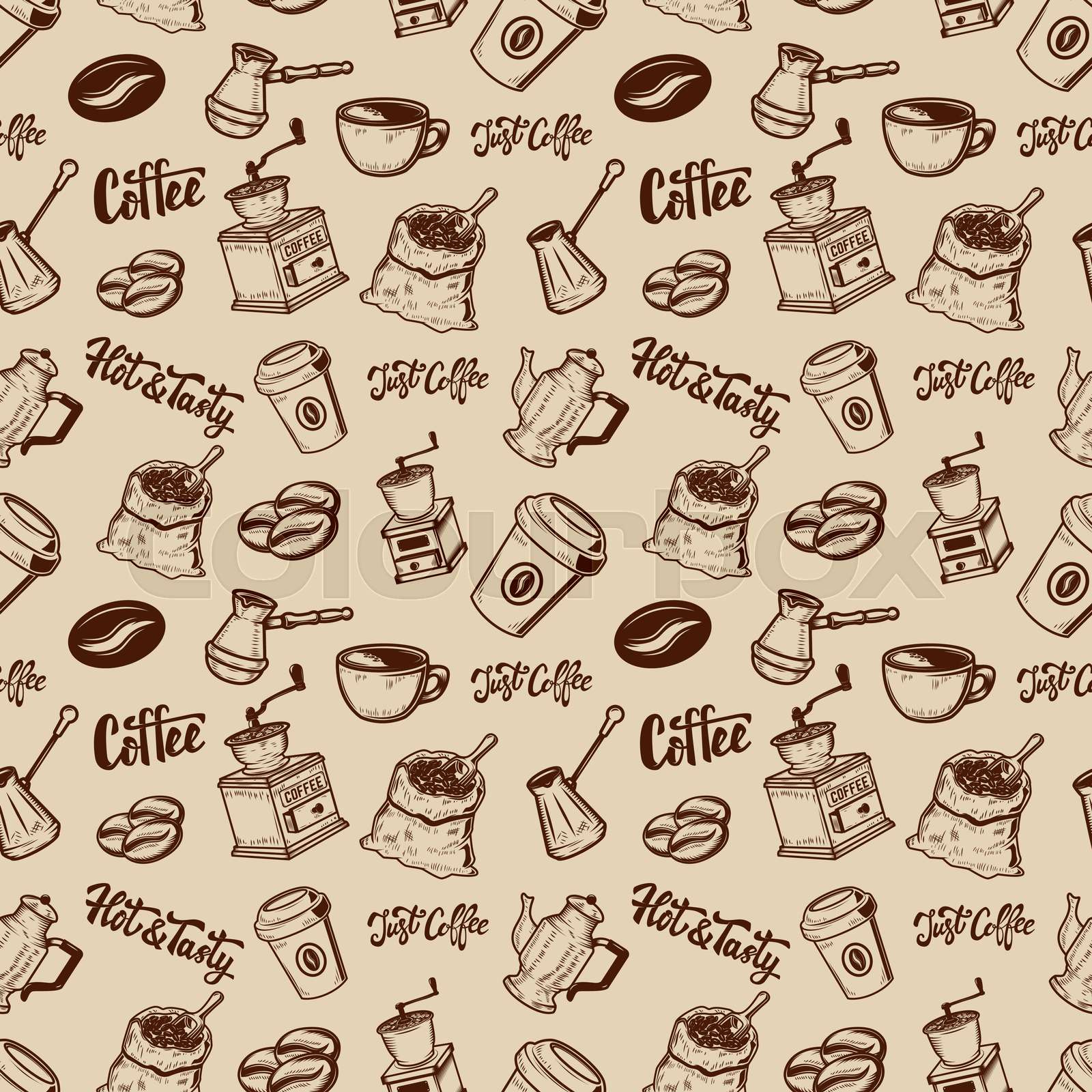Coffee seamless pattern. Coffee beans, mills, cups. Design element for ...
