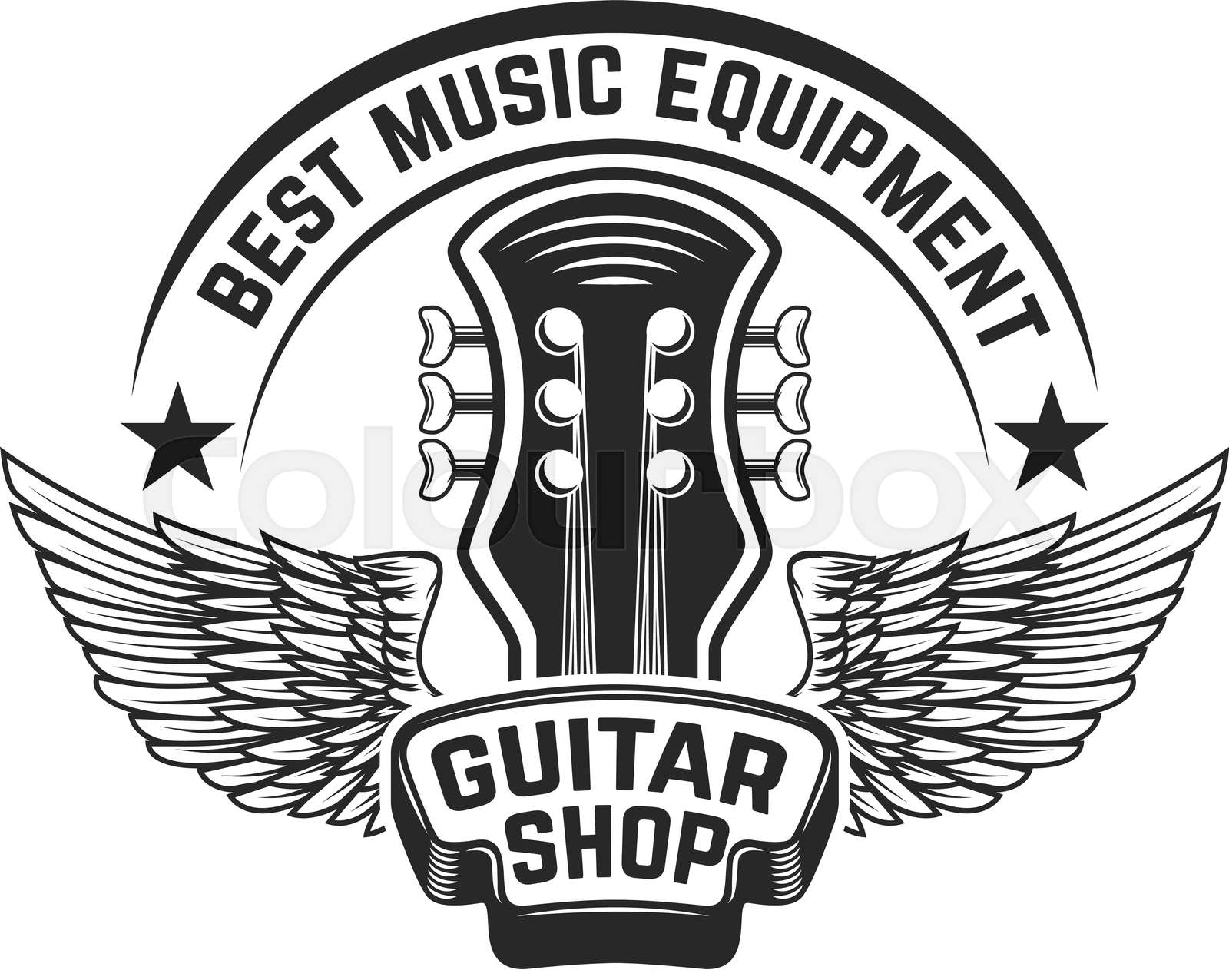Guitar shop label template. Guitar head with wings. Design elements for ...