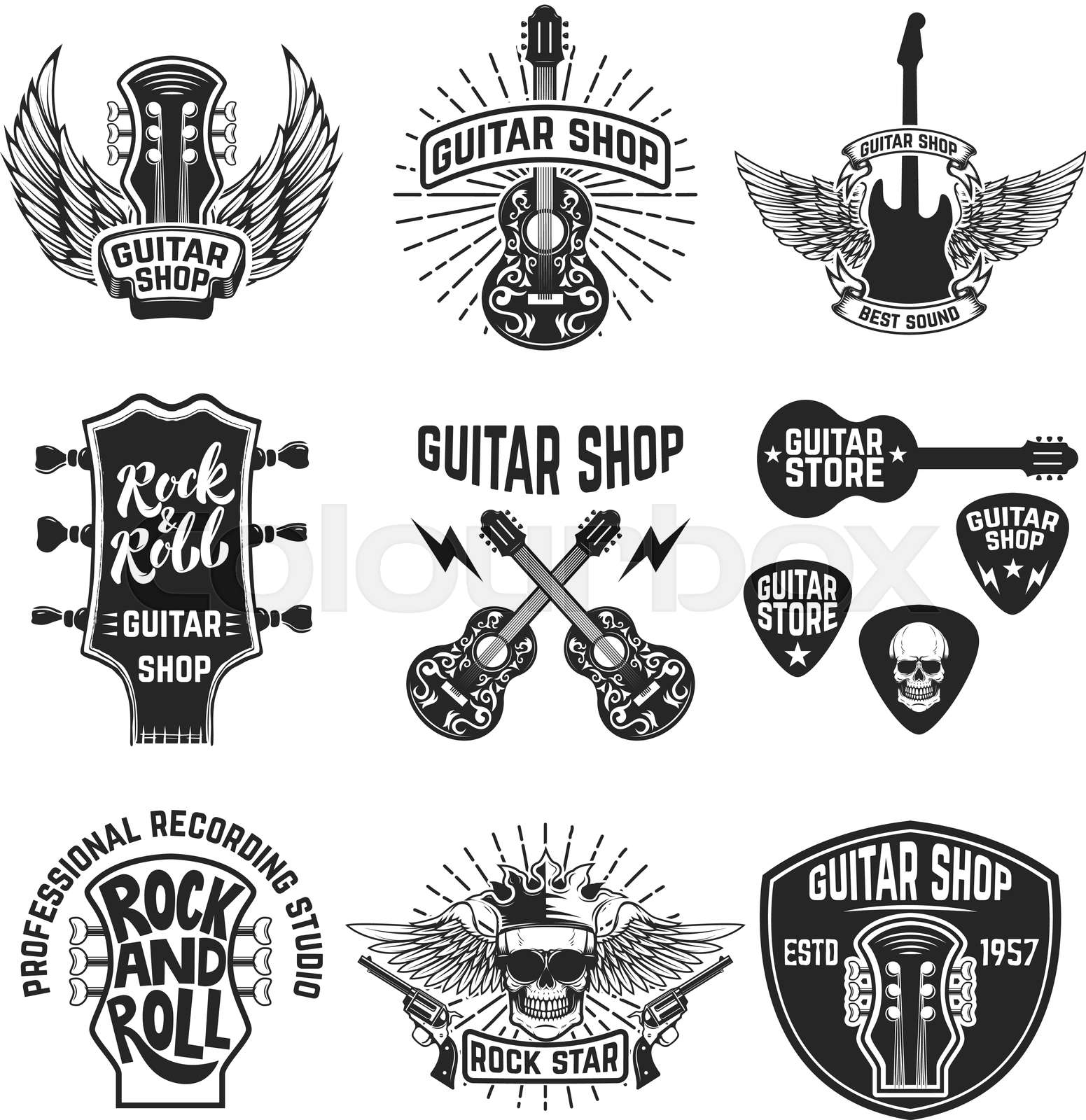 Set of guitar store emblems. Design elements for logo, label, emblem ...